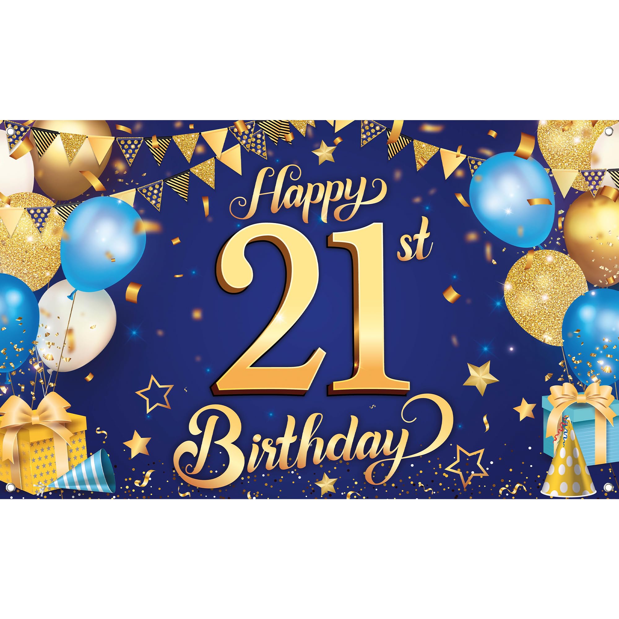 Amazon.com: KatchOn, Blue and Gold Happy 21st Birthday Banner ...