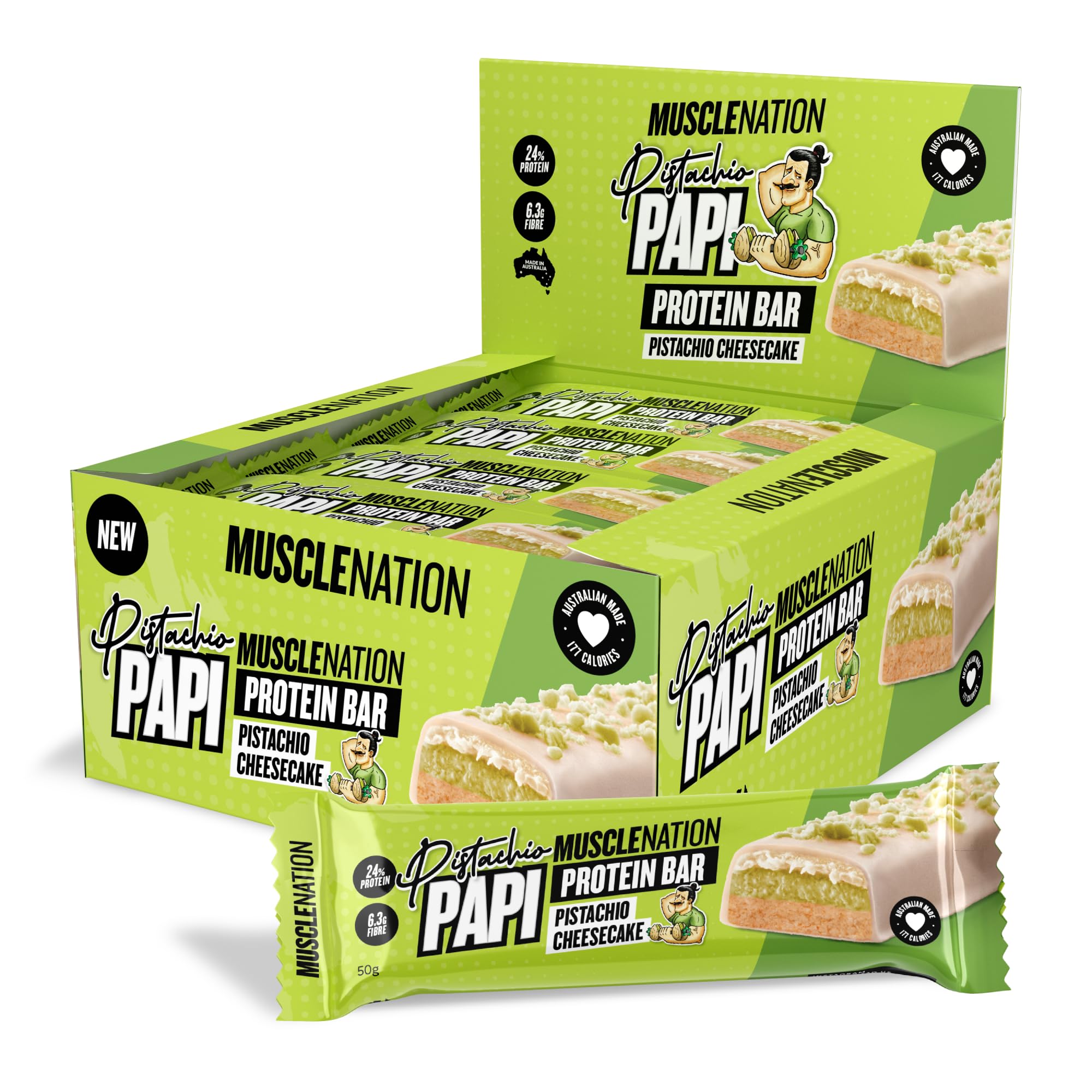 Muscle Nation Cheesecake Pistachio Papi Protein Bar 12 x 50g : Amazon ...