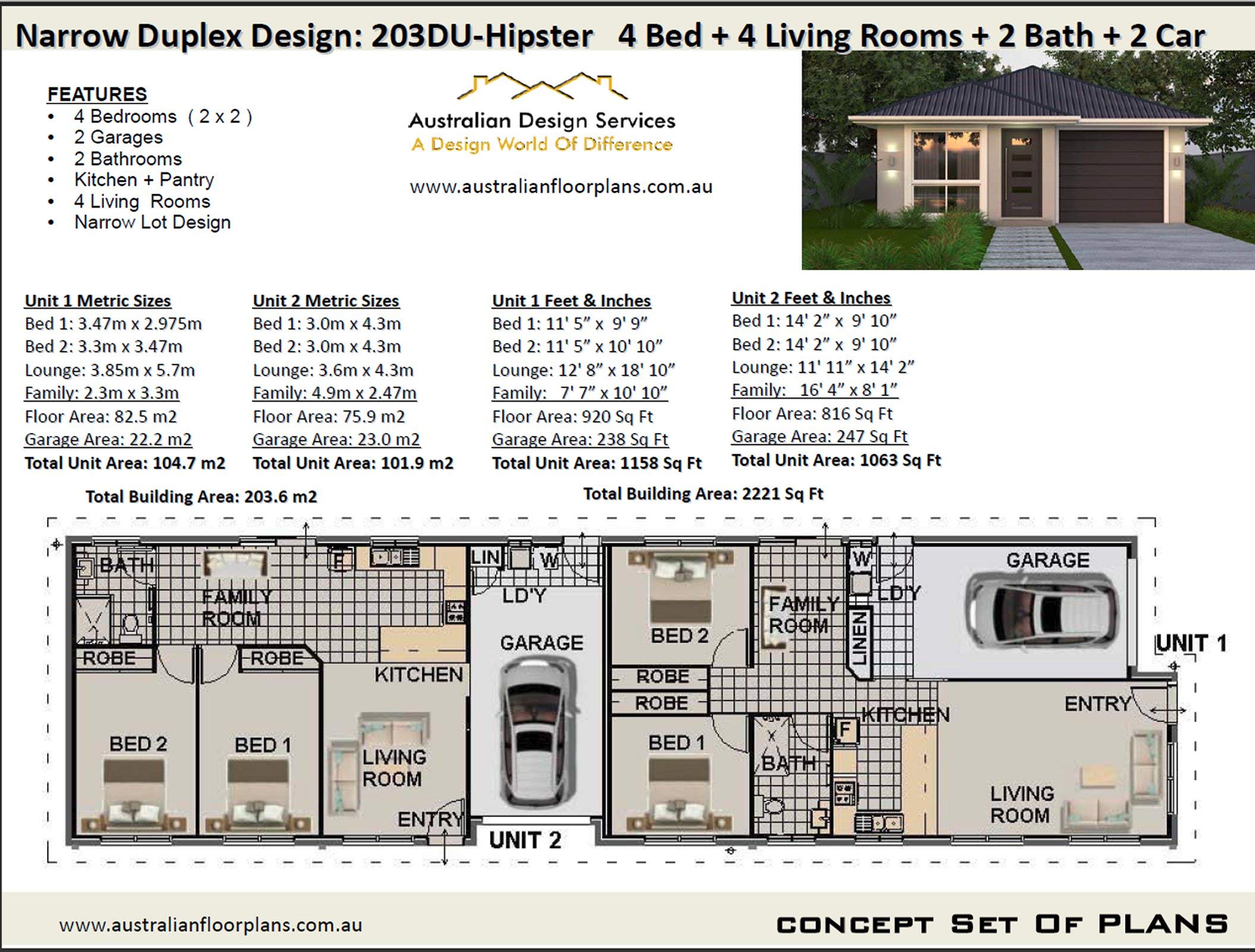 Buy 4 Bedroom Dual Family House Plan- 2x2 Duplex Floor Plan: Full ...
