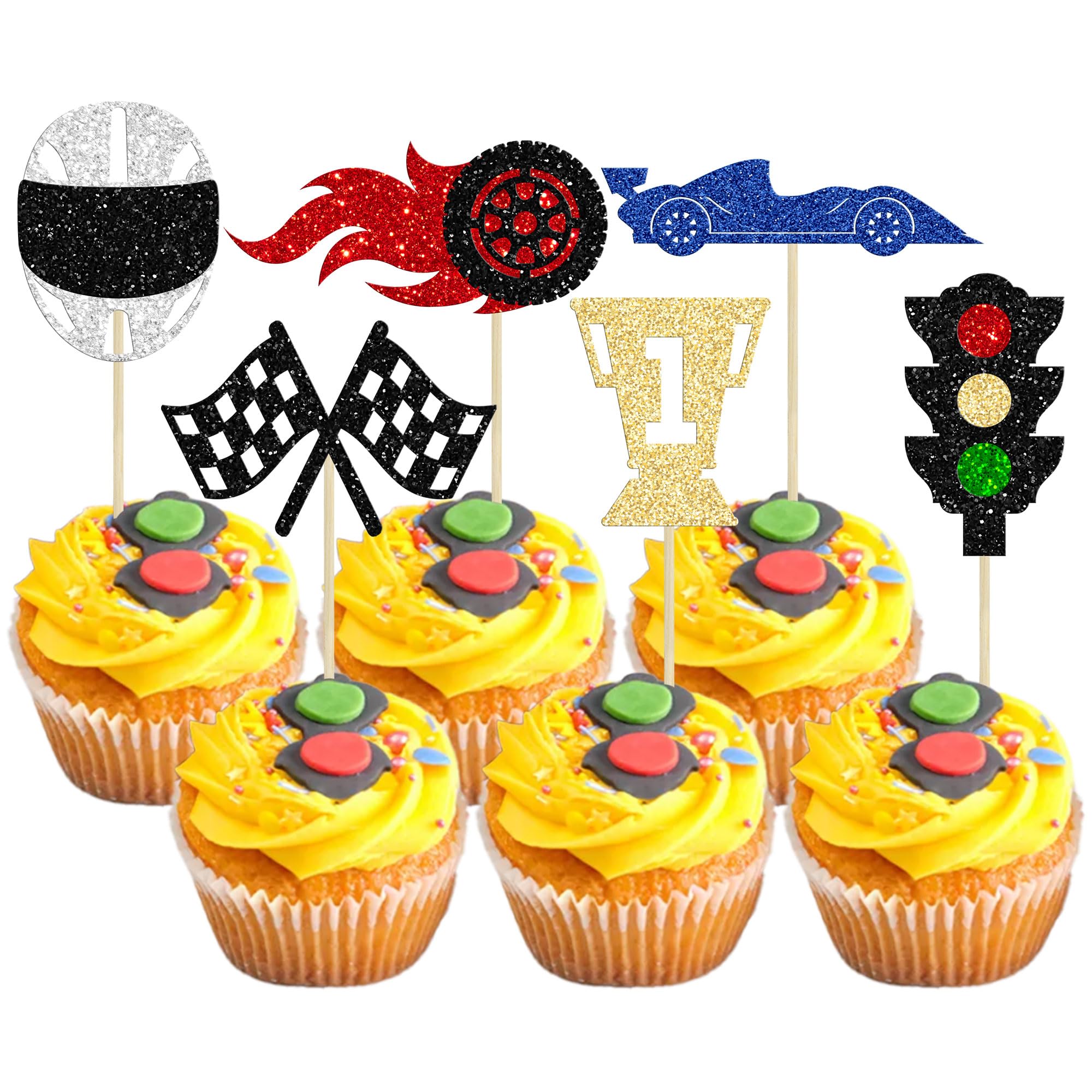 Amazon.com: Gyufise 24Pcs Race Car Cupcake Toppers Glitter Traffic ...