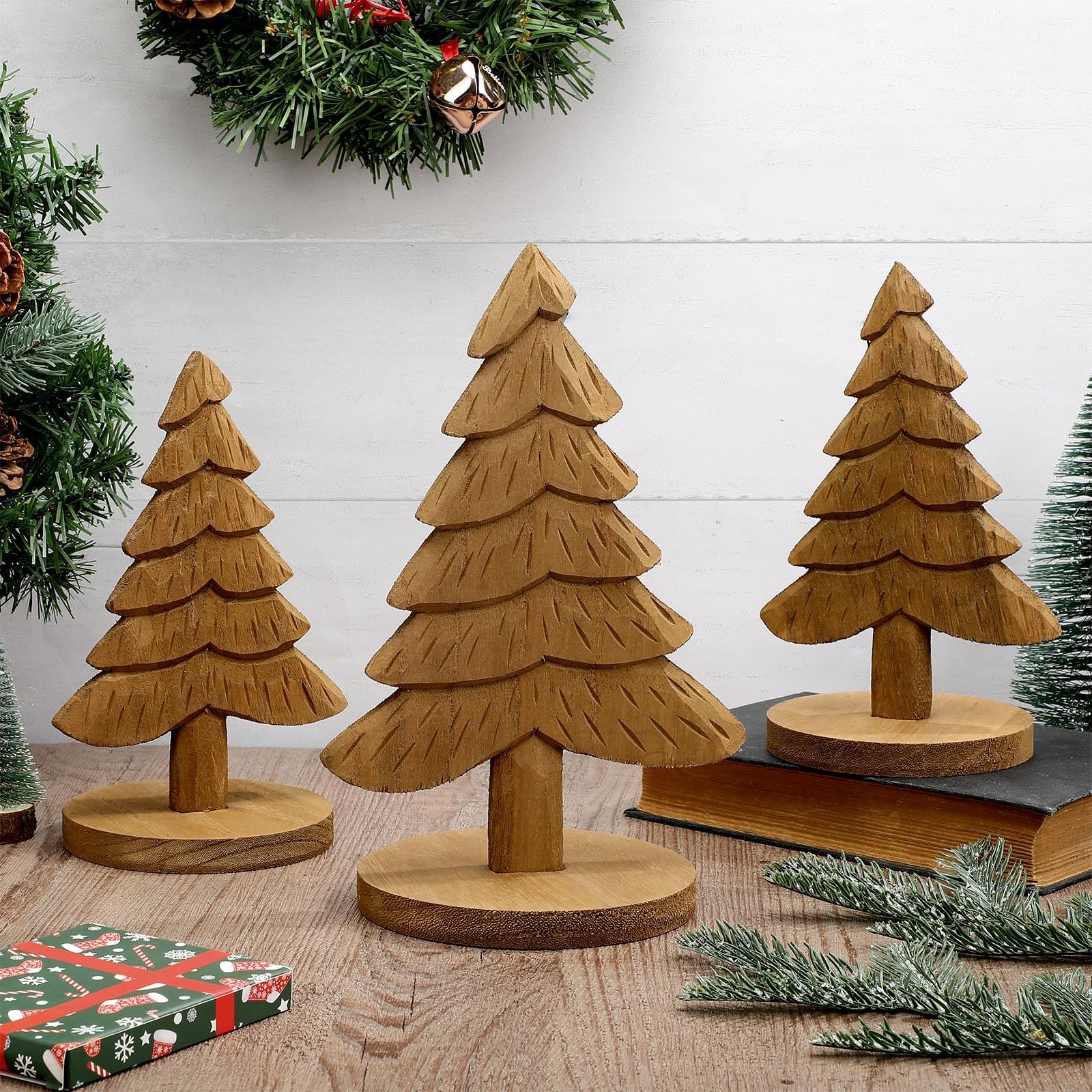 Amazon.com: Qunclay 3 Pcs Wooden Christmas Tree Tabletop Handmade Wood ...