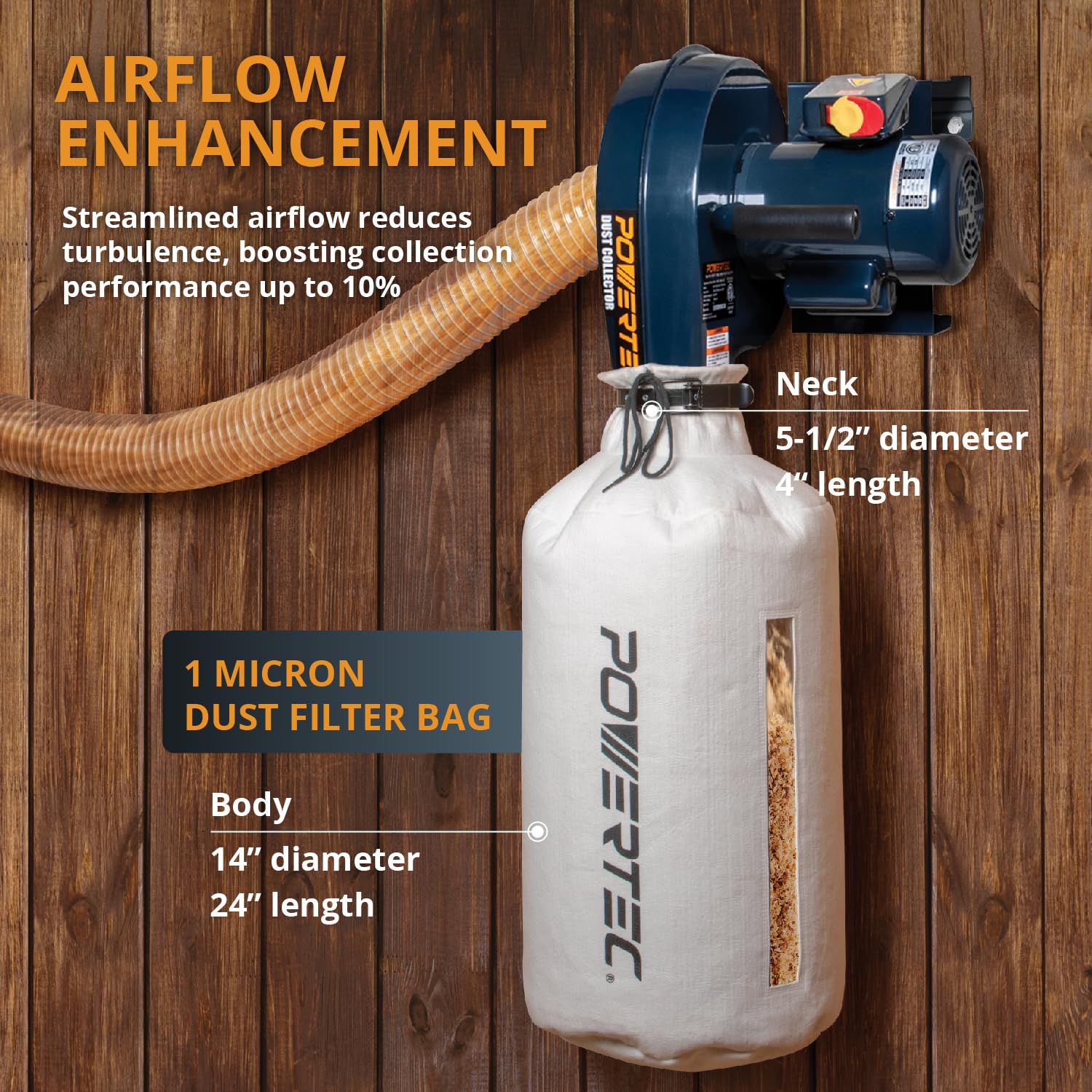 POWERTEC DC5371C Wall Mounted 1 HP, 560 CFM Dust Collector with 1 ...