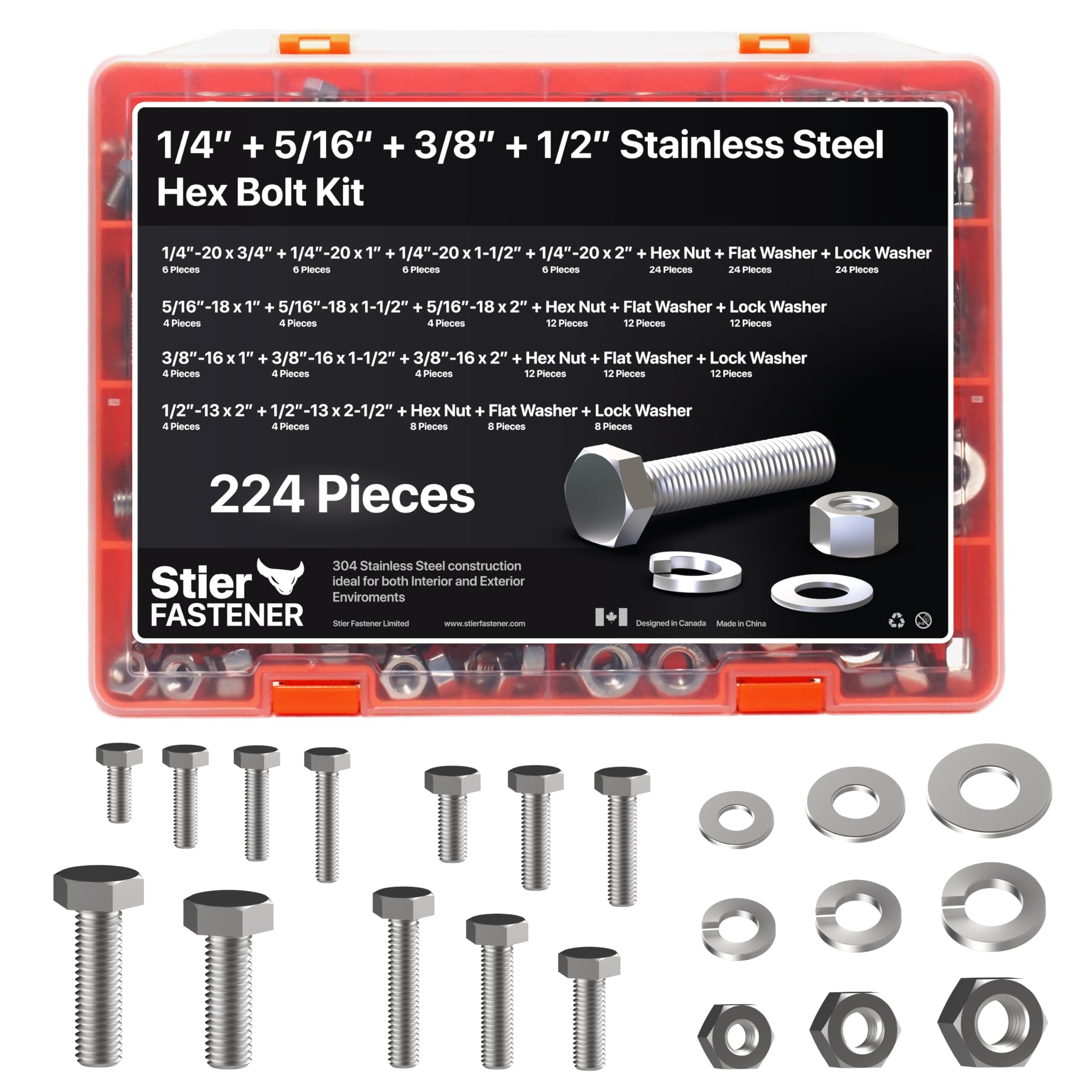 STIER Fastener 224PCS SAE Stainless Steel Hex Bolt Assortment Kit 1/4 ...