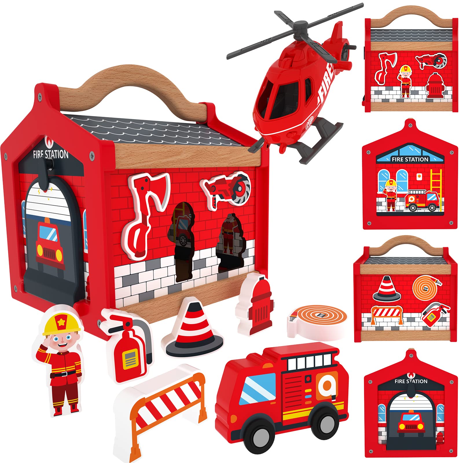 Wooden Take-Along Sorting Fire Toy with Flip-Up Roof and Handle, 11 ...