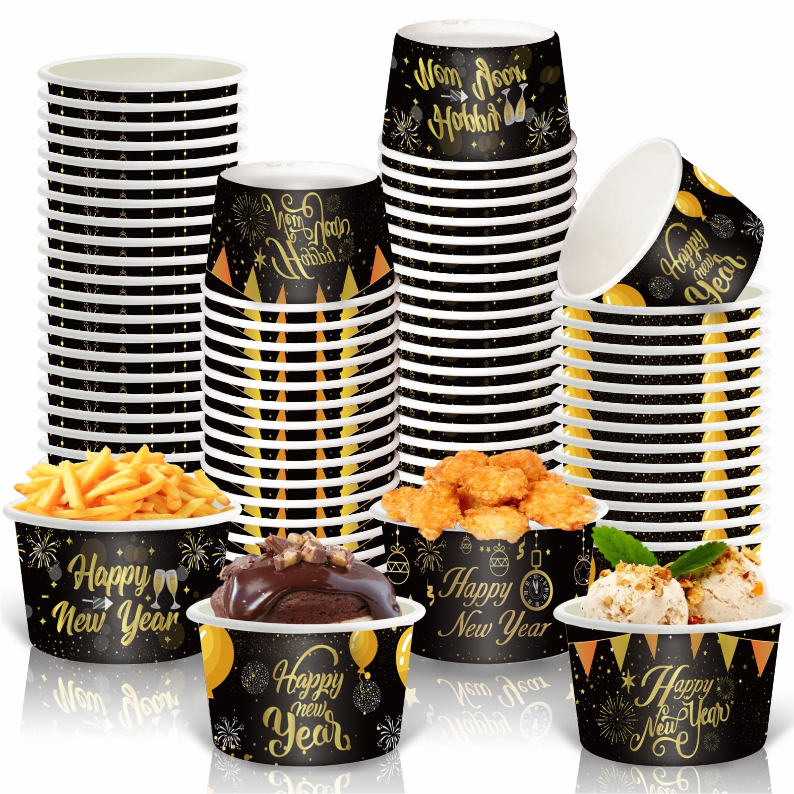 Amazon.com: LANCU 60PCS Happy New Year Snack Cups 8oz Black Gold ...