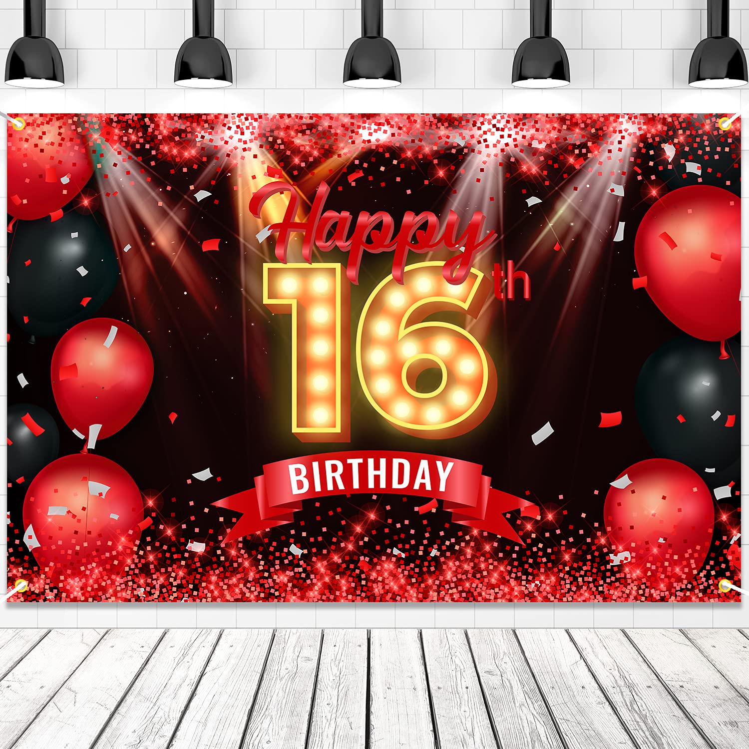 Amazon.com: Happy 16th Birthday Banner Backdrop Red and Black 16 Years ...