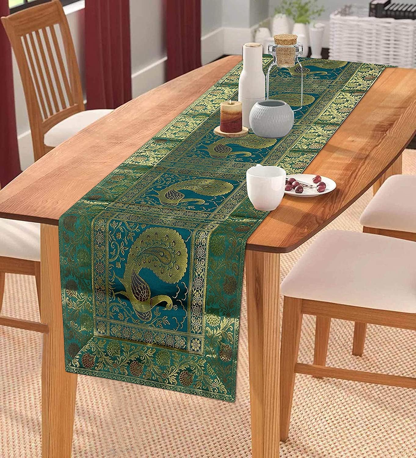 Amazon.com: Indian Vintage Peacock Design Hand Art Silk Dining Table ...