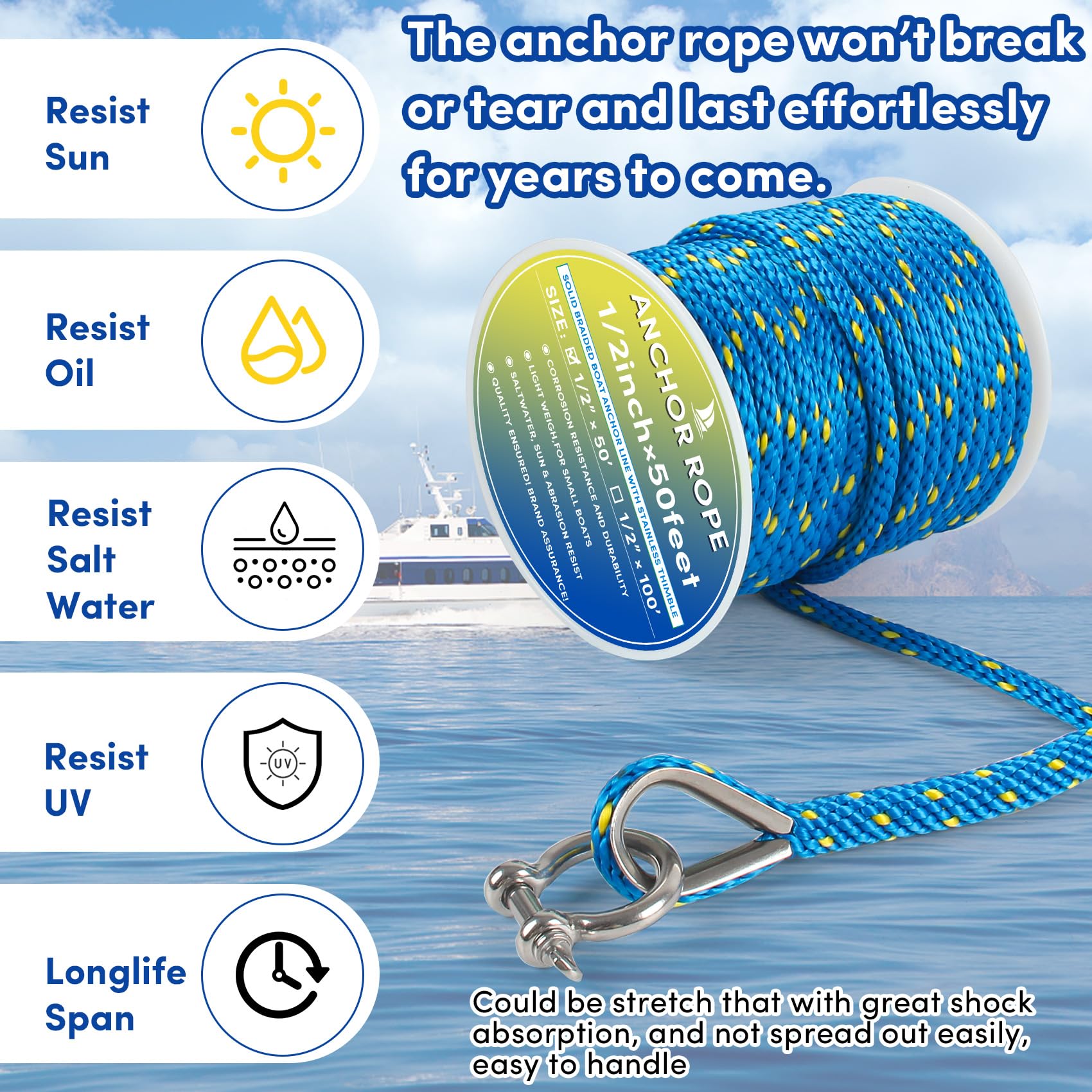 Snapklik.com : Premium Anchor Rope 50 Ft X 1/2 Inch, Solid Braid MFP ...