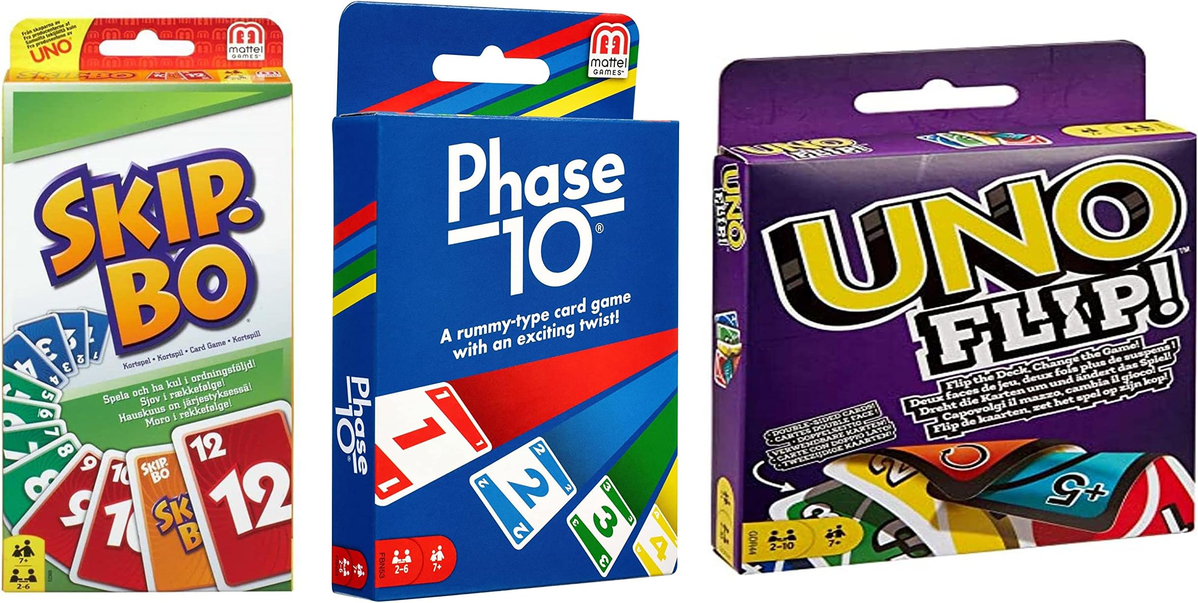 Mattel Uno Flip Side+Phase 10 Card Game, Multi Color+Skip-Bo Card Game ...