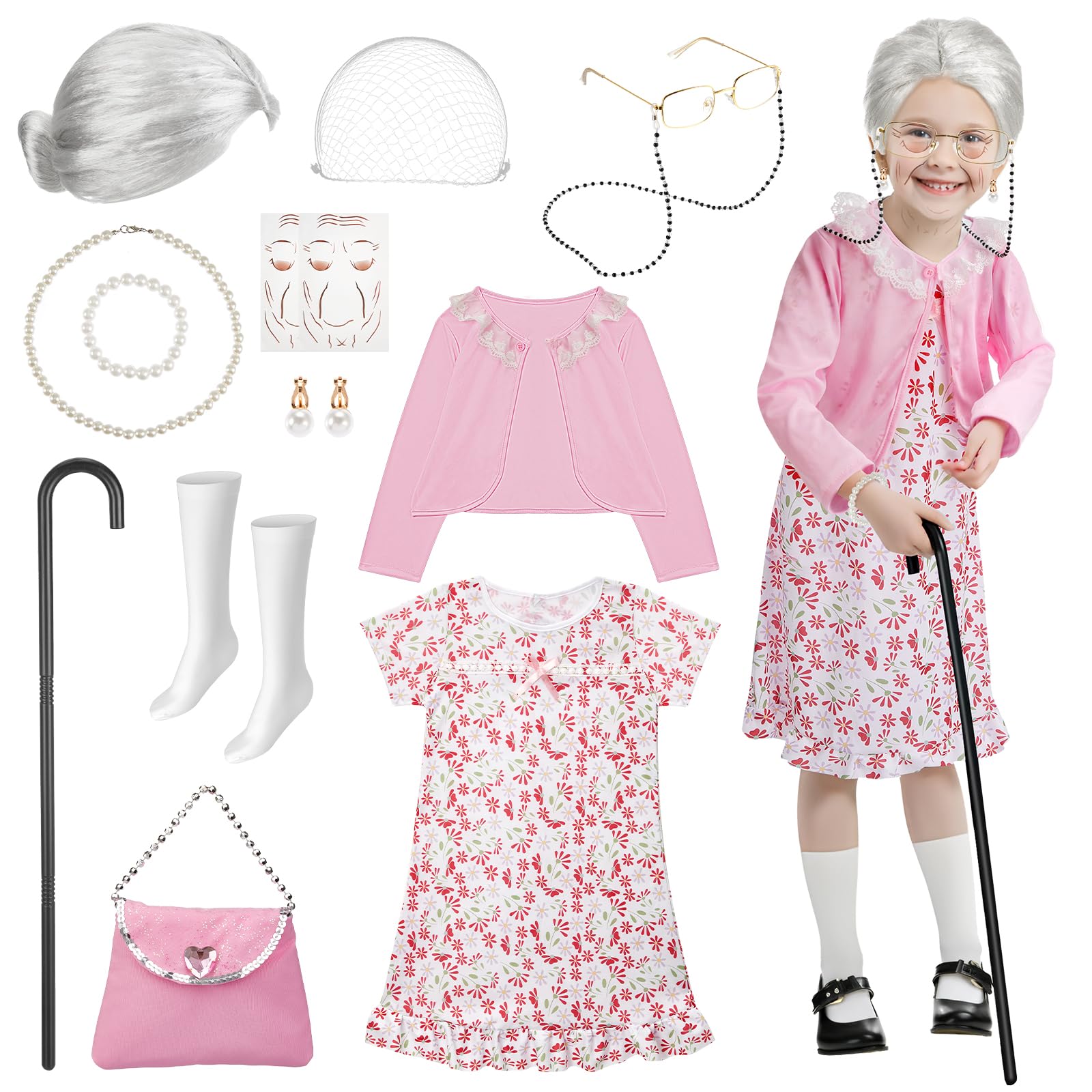 Amazon.com: Gleamkid Old Lady Costume for Kids, Granny Dress up Cosplay ...