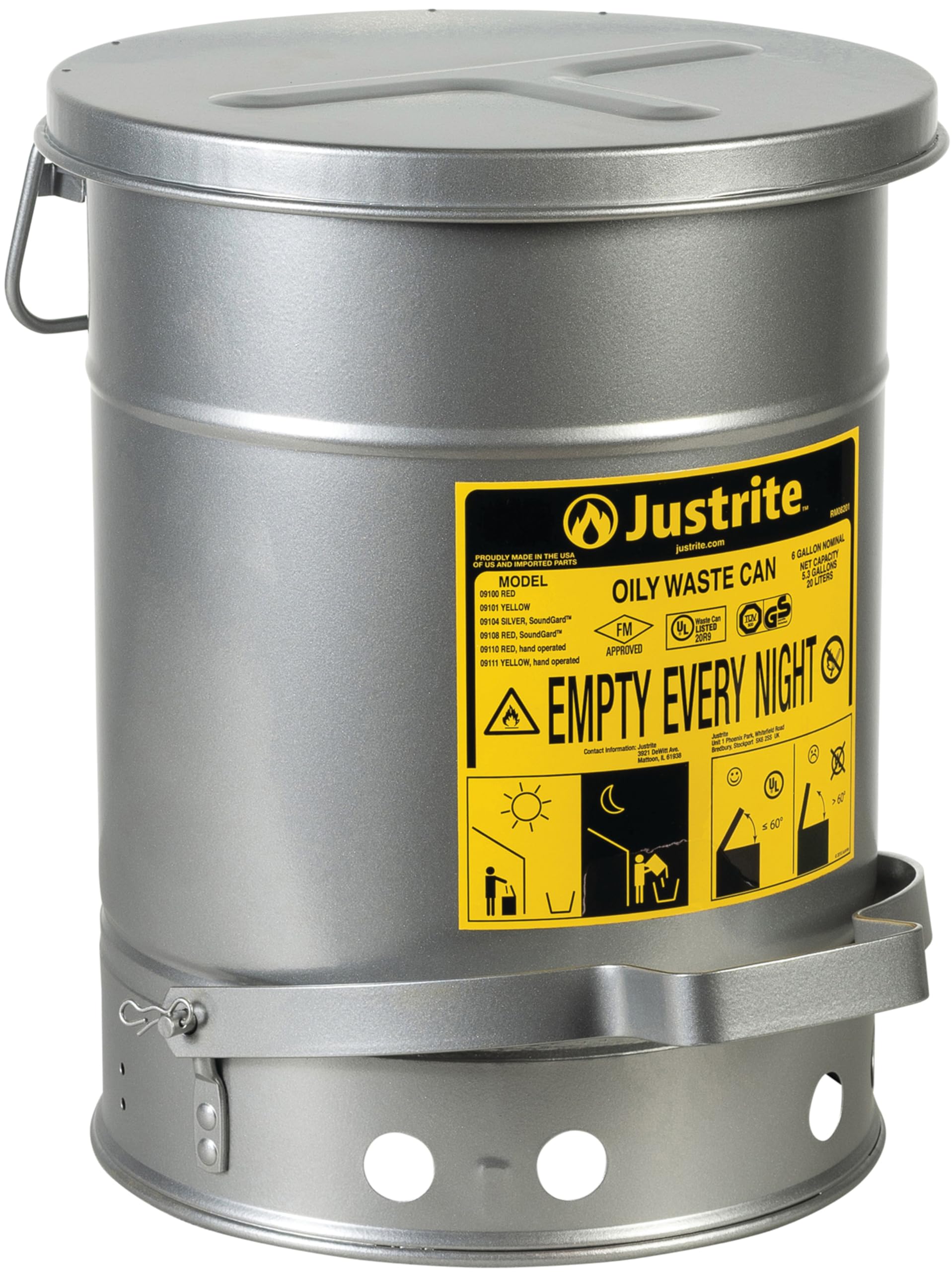 Justrite 6 Gallon Galvanized Steel Oily Waste Can, 16" x 12" Metal Oil ...