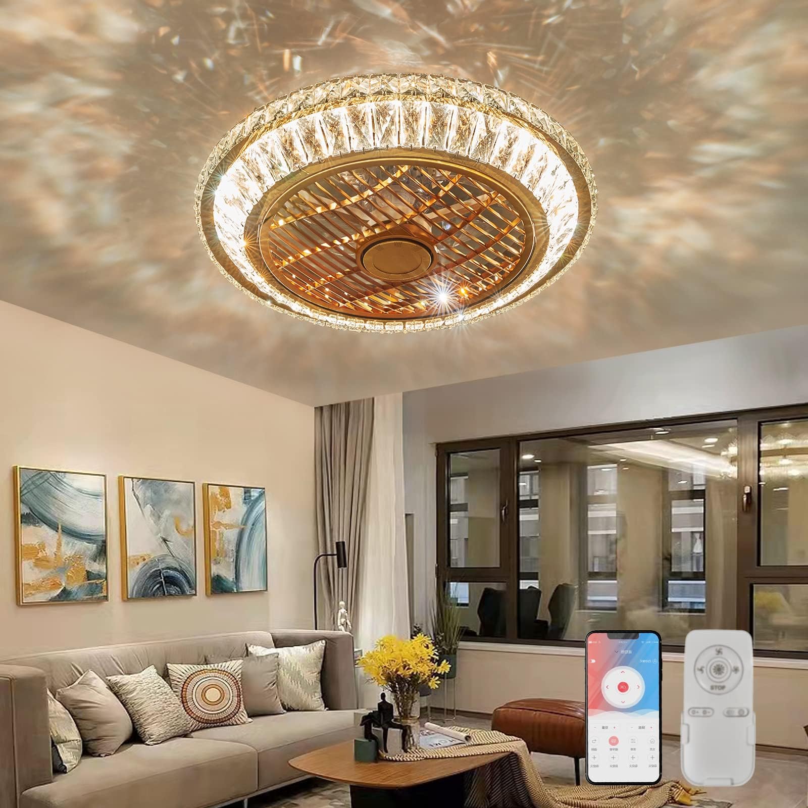 Ceiling Fan with Lamp, Crystal Ceiling Fan with LED Light, 72W Modern ...