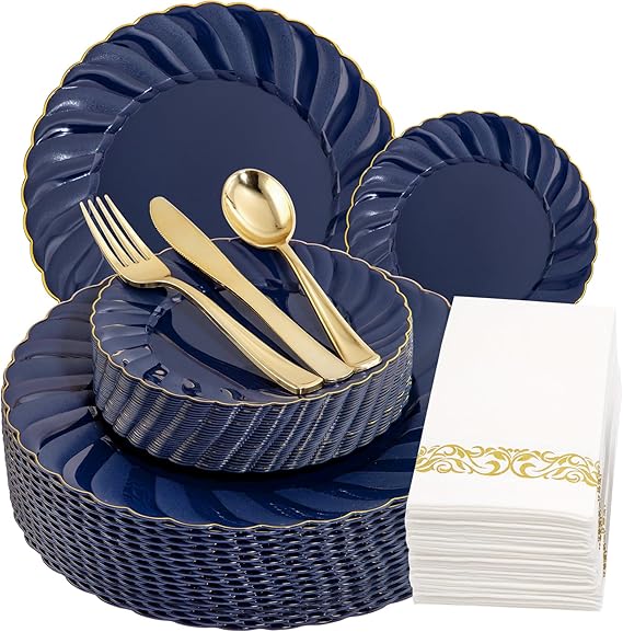 Amazon.com: YOUBET 150PCS Blue Plastic Plates - Gold Plastic Silverware ...
