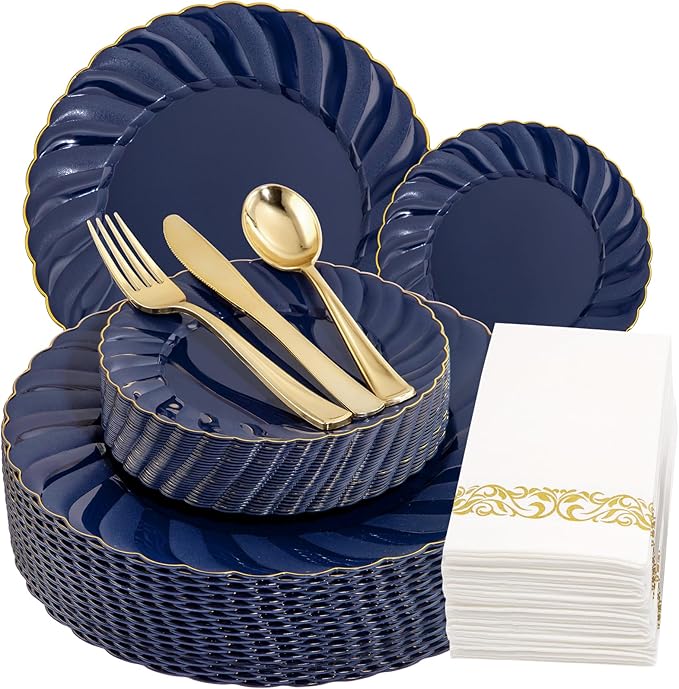 Amazon.com: YOUBET 150PCS Blue Plastic Plates - Gold Plastic Silverware ...
