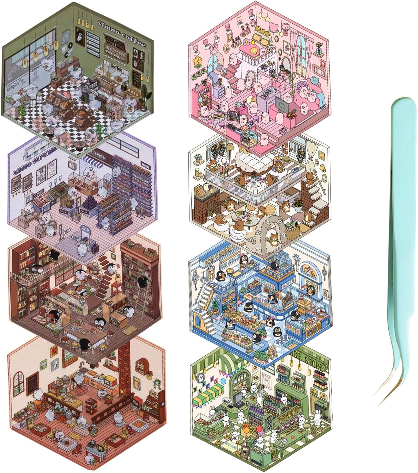 DIY 3D House Stickers 8 Sets and 2Pcs Tweezers, 3D Sticker Scene Fun ...