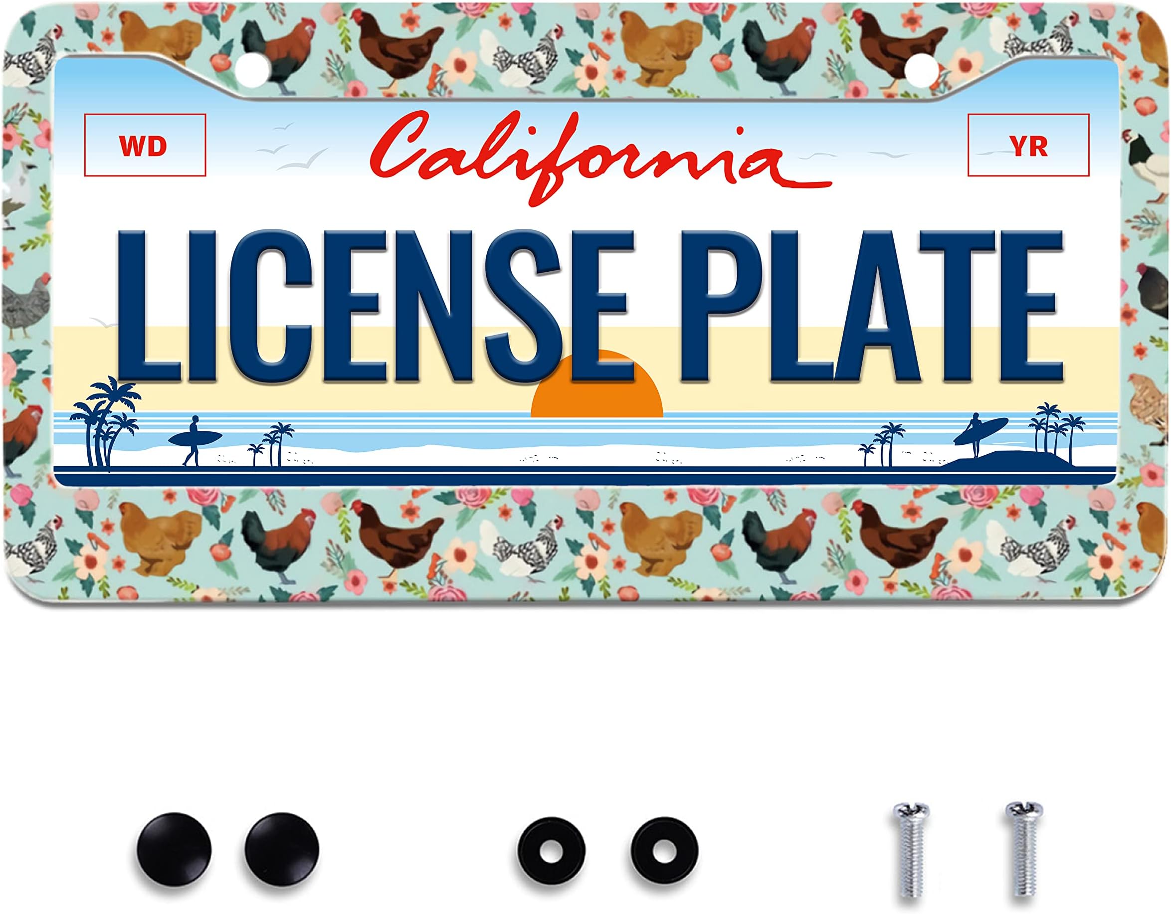 Amazon.com: Chicken Flower License Plate Frame Funny Animal Stainless ...