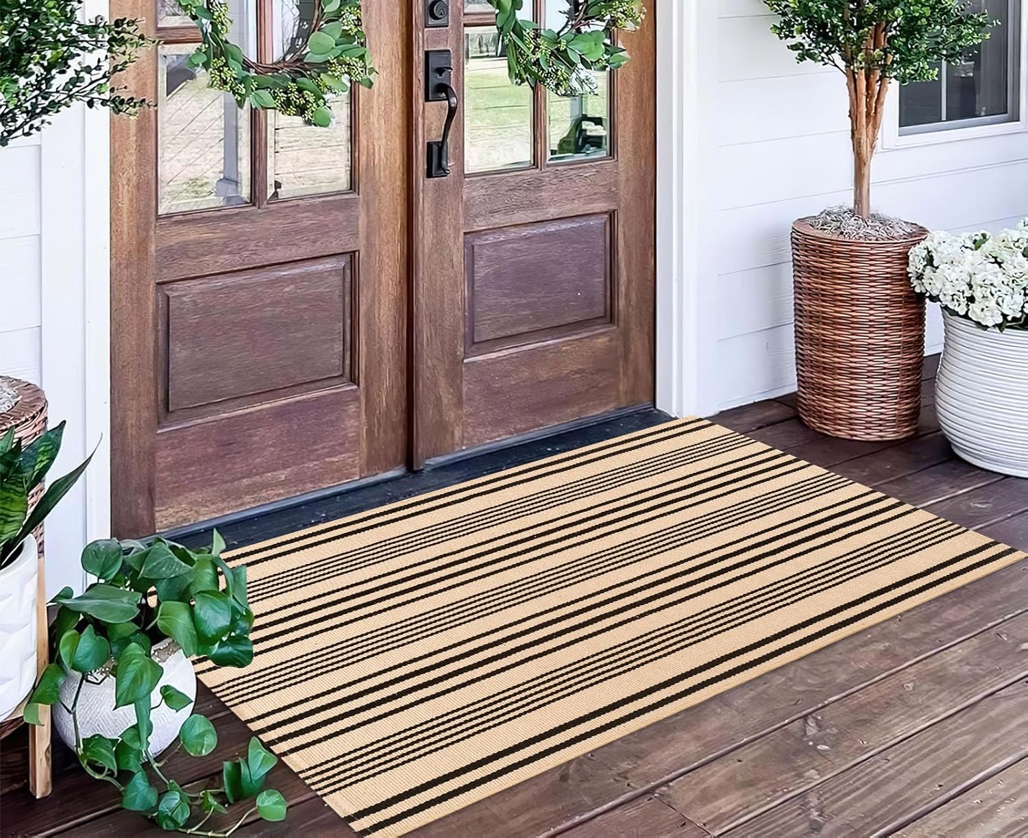 Amazon.com: Black and Tan Outdoor Rug 2'x4',Striped Front Porch Rug ...