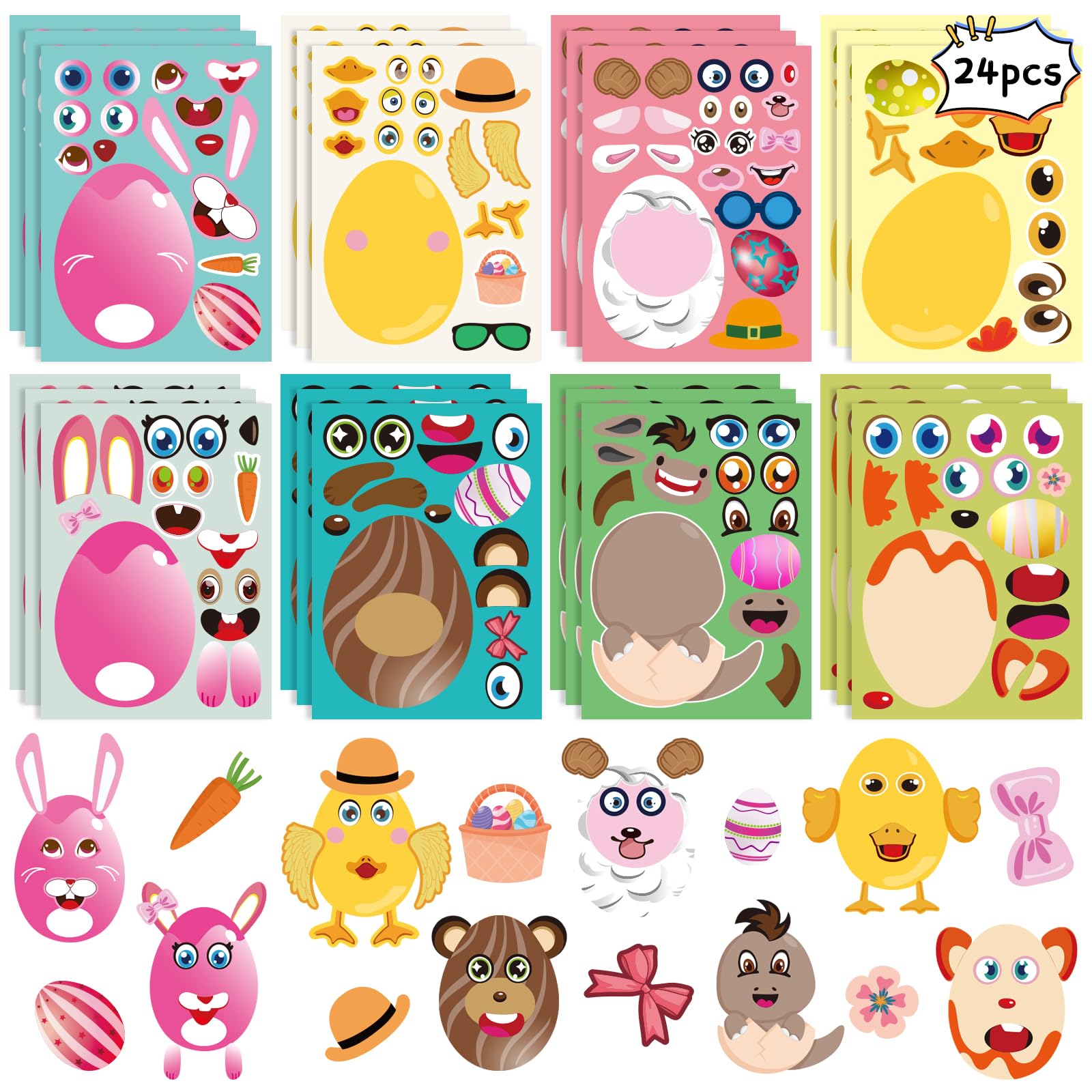 24 Sheets Easter Stickers, Easter Egg Stickers for Kids, Make a Face ...