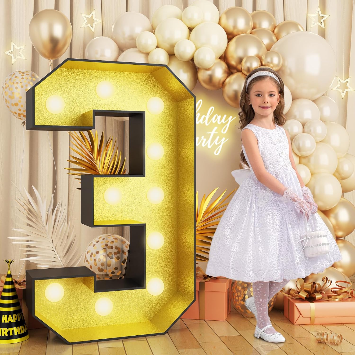 Amazon.com: 4FT Marquee, 3 Numbers, Light Up 3 Glitter Gold Giant ...