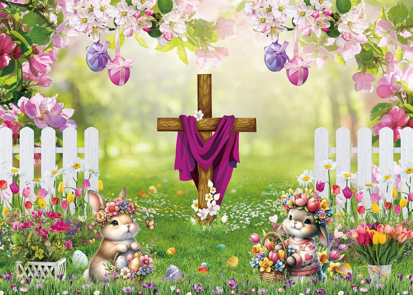 Amazon.com : Happy Easter Backdrop Garden Easter Religious Jesus Corss ...