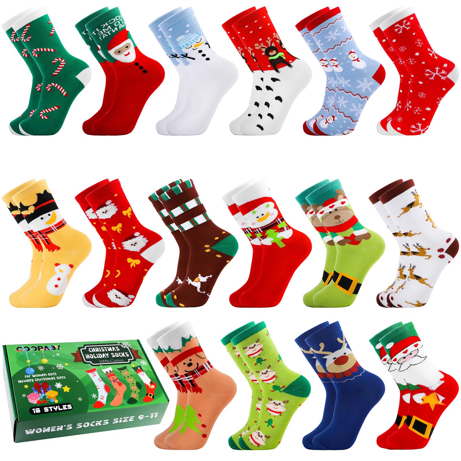 Amazon.com: Cooraby 16 Pairs Creative Women's Christmas Cotton Socks ...