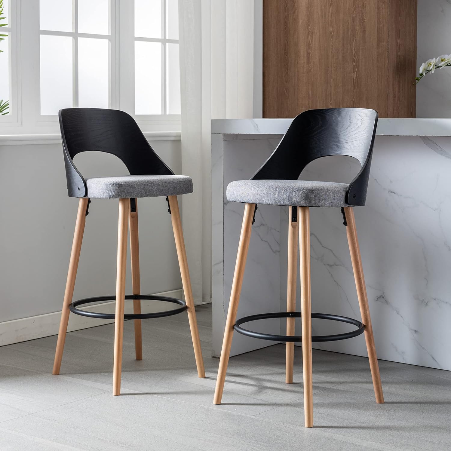 Amazon.com: NOBPEINT Wooden Bar Chairs with Gray Fabric Seat, Solid ...