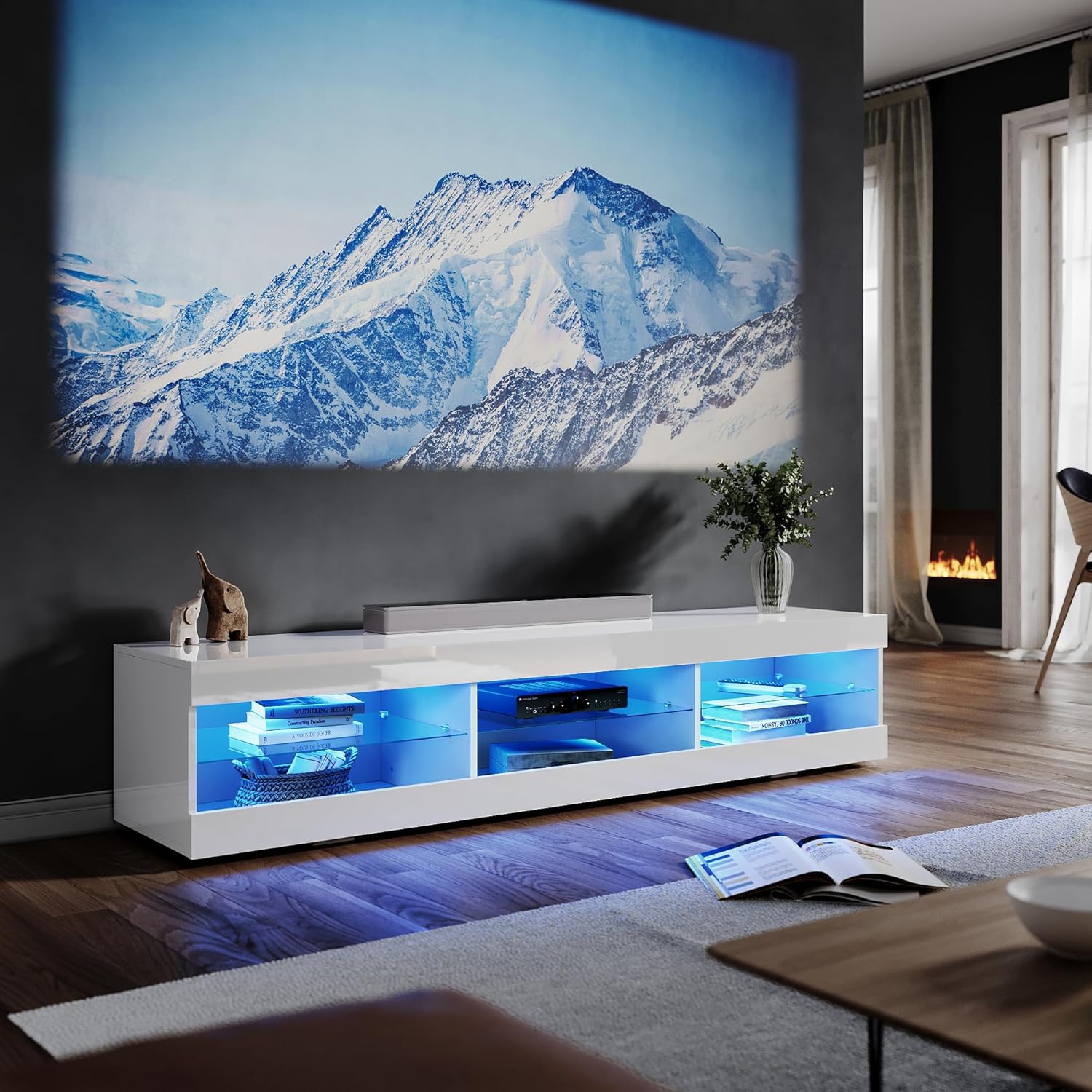 ELEGANT White TV Unit Gloss 180cm TV Stand Cabinet with LED Lights ...