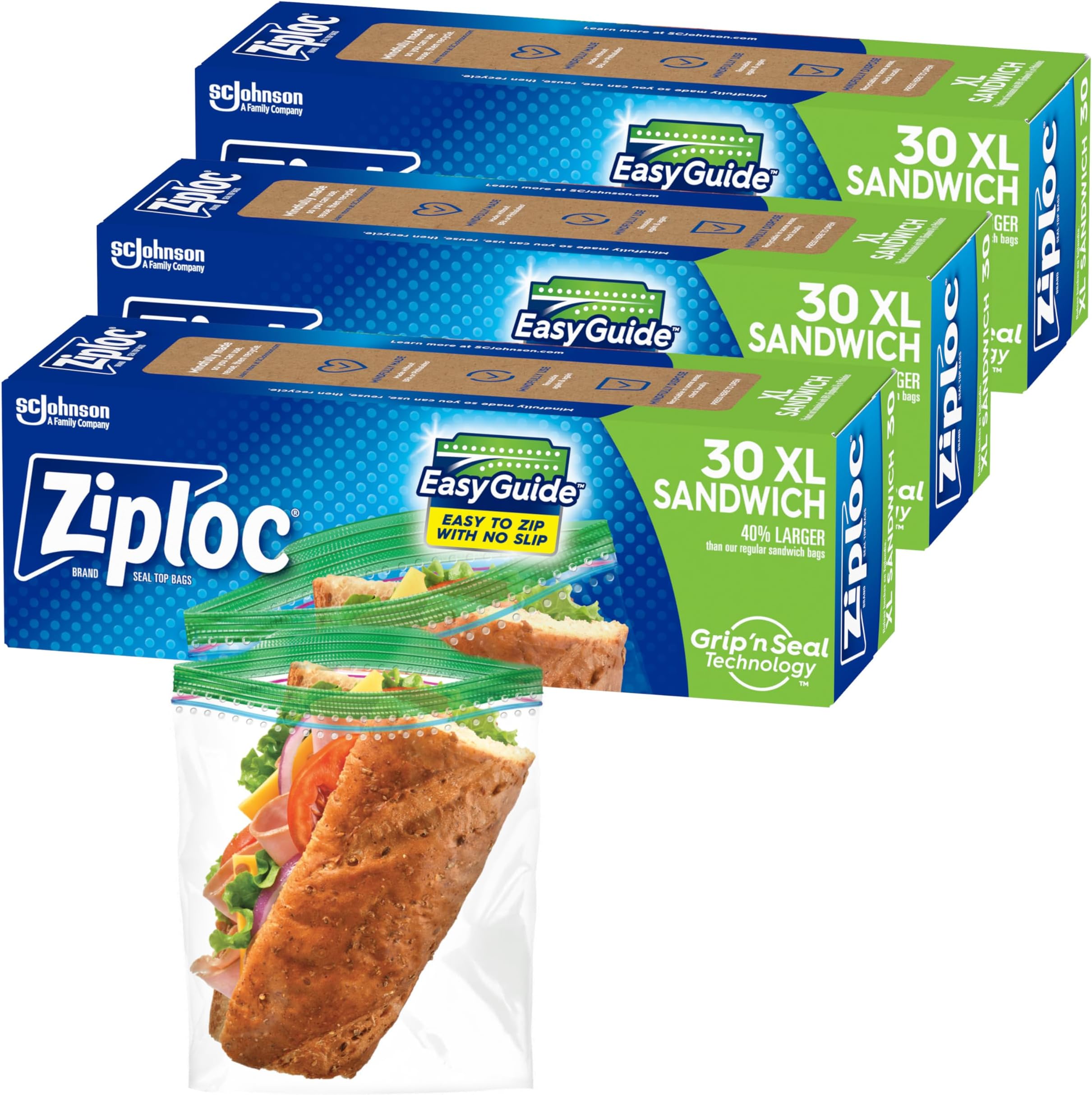Amazon.com: Ziploc XL Sandwich and Snack Bags with EasyGuide Texture ...