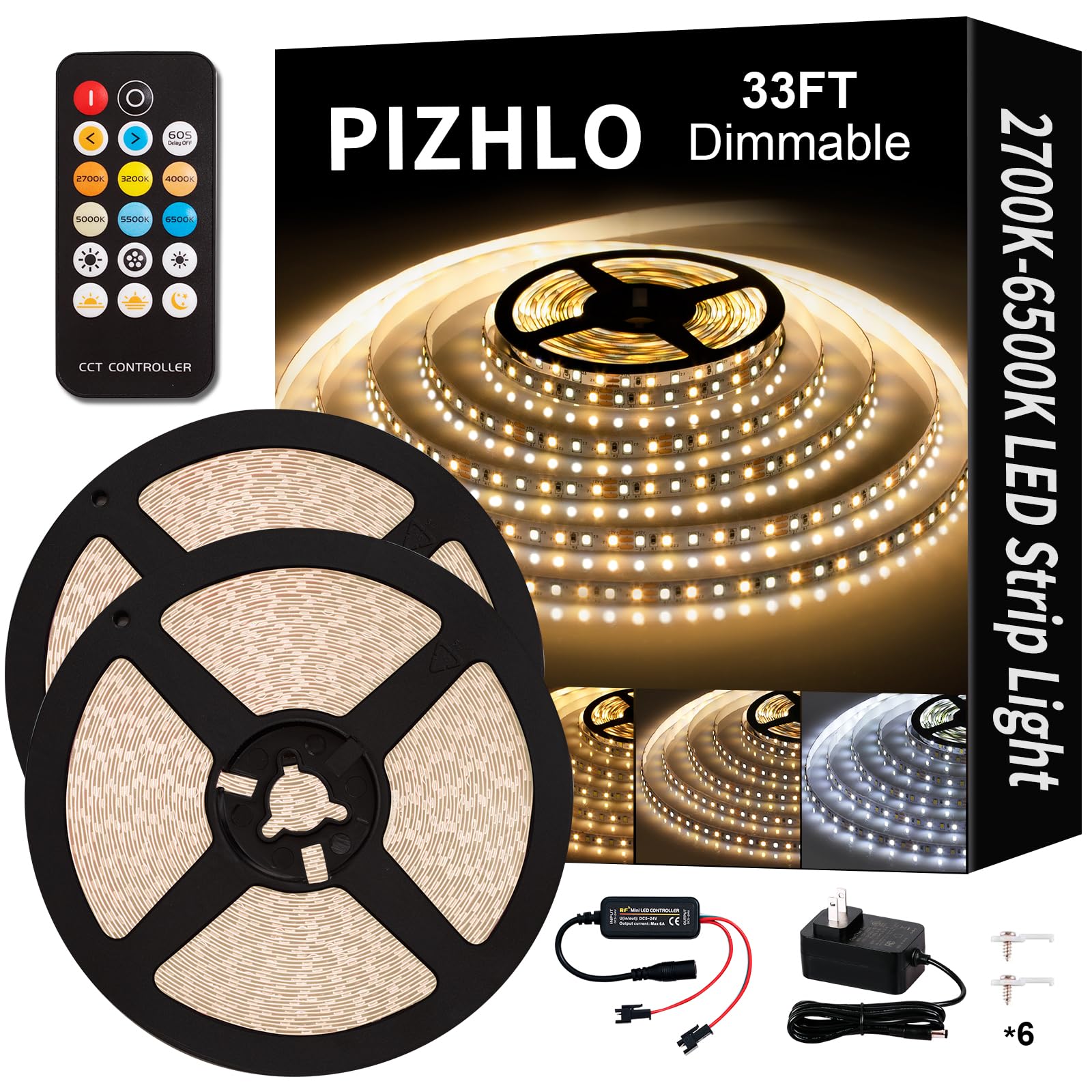 Amazon.com: PIZHLO LED Strip Lights, Upgraded 33ft Dimmable 2700K-6500K ...