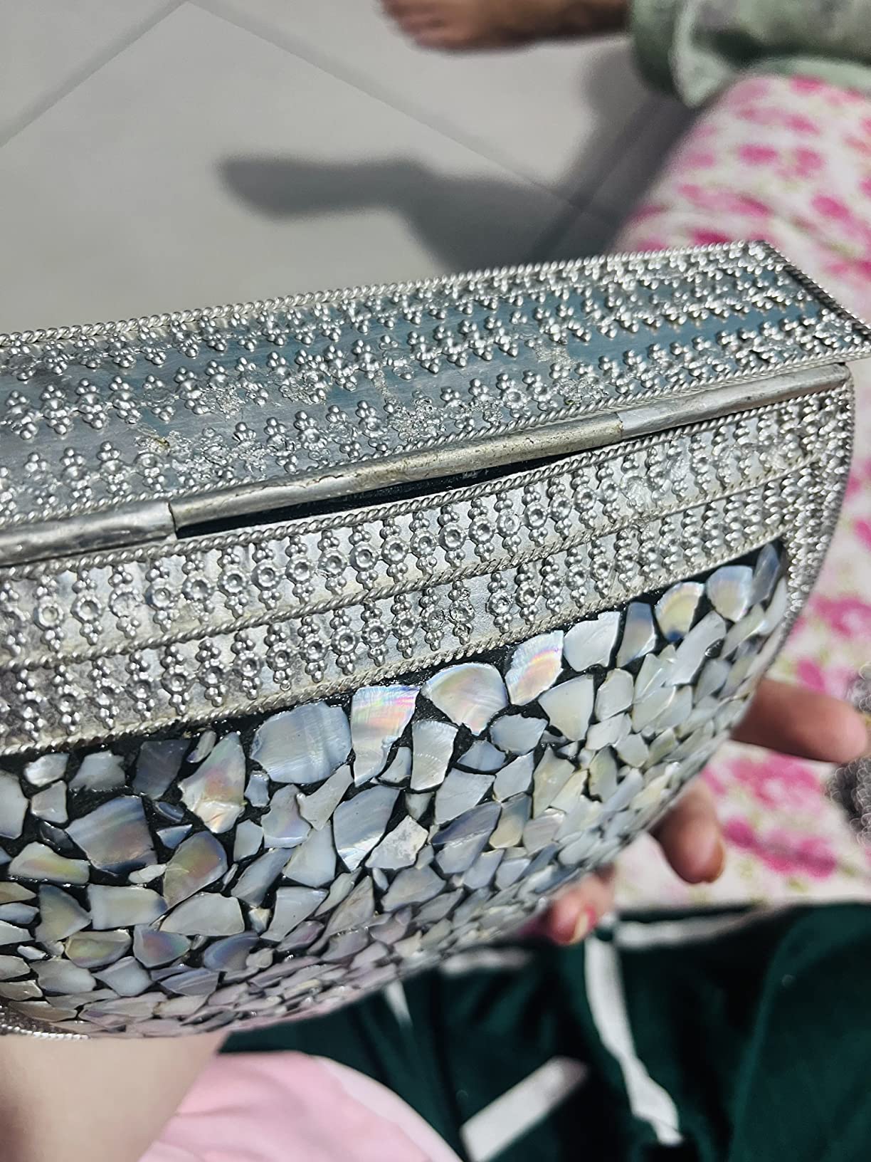 Trend Overseas silver shell nacre stone bag ethnic clutch indian ...