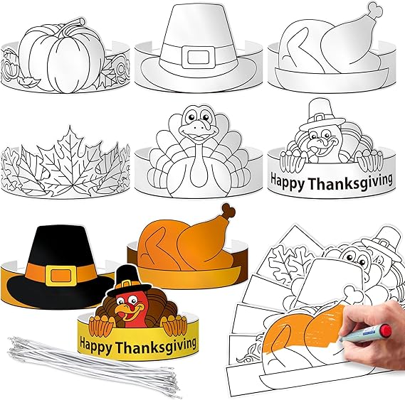 Amazon.com: Whaline 24 Pack Thanksgiving Coloring Crowns with Elastic ...