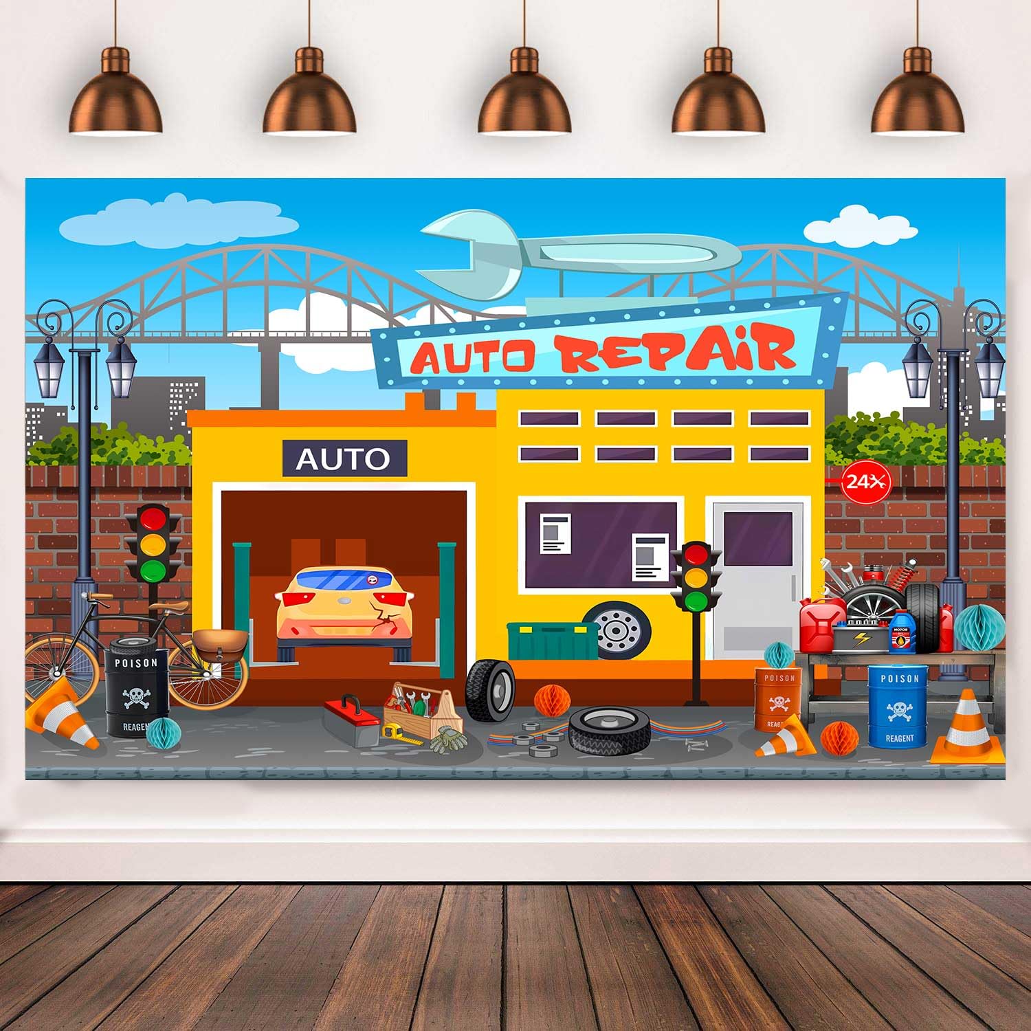 Amazon.com : TYOOFD Cartoon Auto Repair Shop Backdrop Maintenance ...