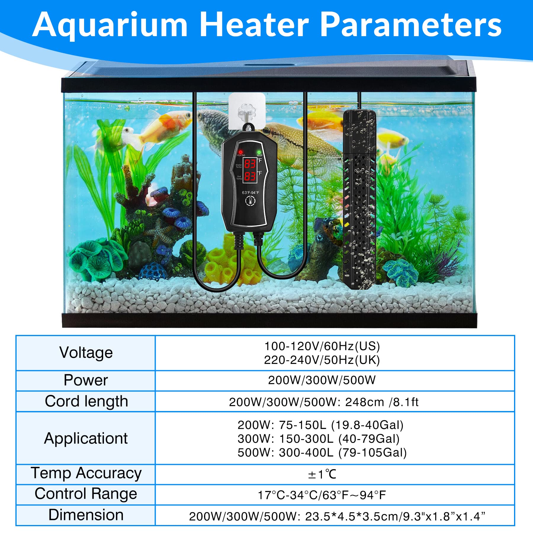 SZELAM Aquarium Heater 200W 300W 500W, Submersible Fish Heater for ...