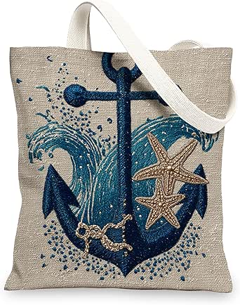 Amazon.com: Nautical Canvas Tote Bag, Embroidered Beach Shopping Bag ...