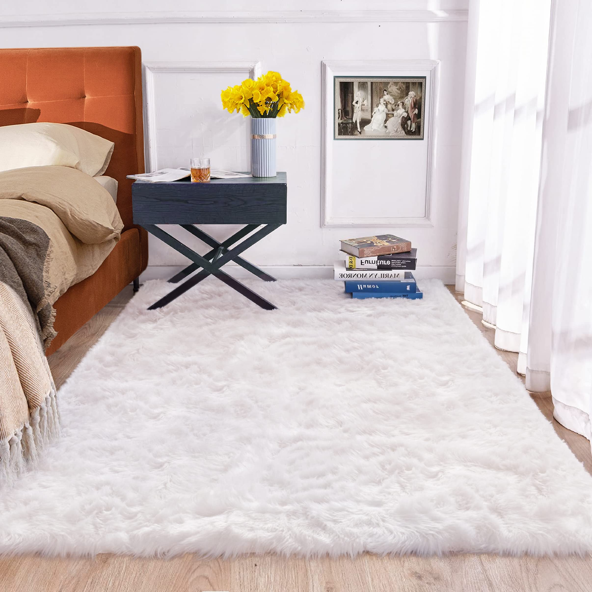 White Fluffy 5x7 Washable Area Rugs for Bedroom Faux Fuzzy Sheepskin ...