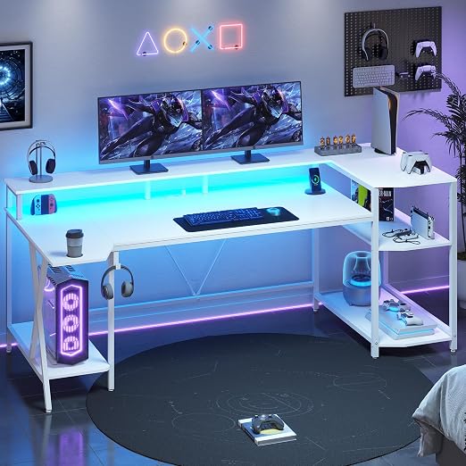 Amazon.com: SEDETA White Gaming Desk 70.8'' with LED Lights and Storage ...