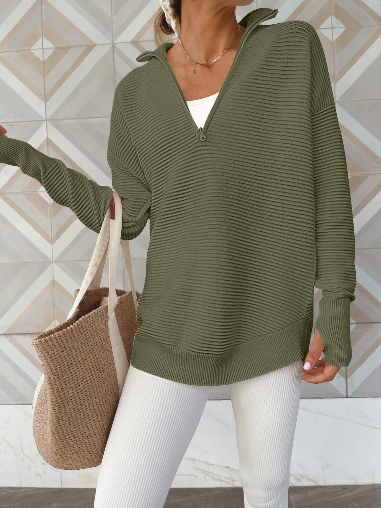 ANRABESS Women’s Long Sleeve Half Zip V Neck Collared Casual Oversized ...