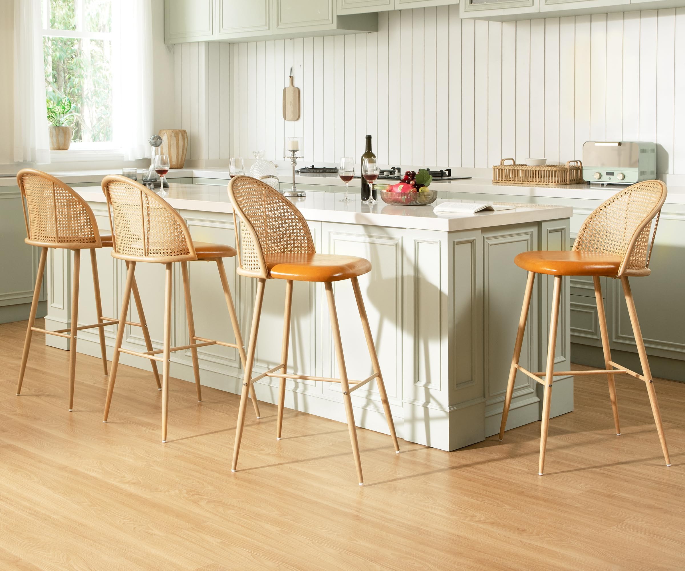 Amazon.com: Shunzhi Rattan Counter Height Bar Stools Set of 2 with Cane ...