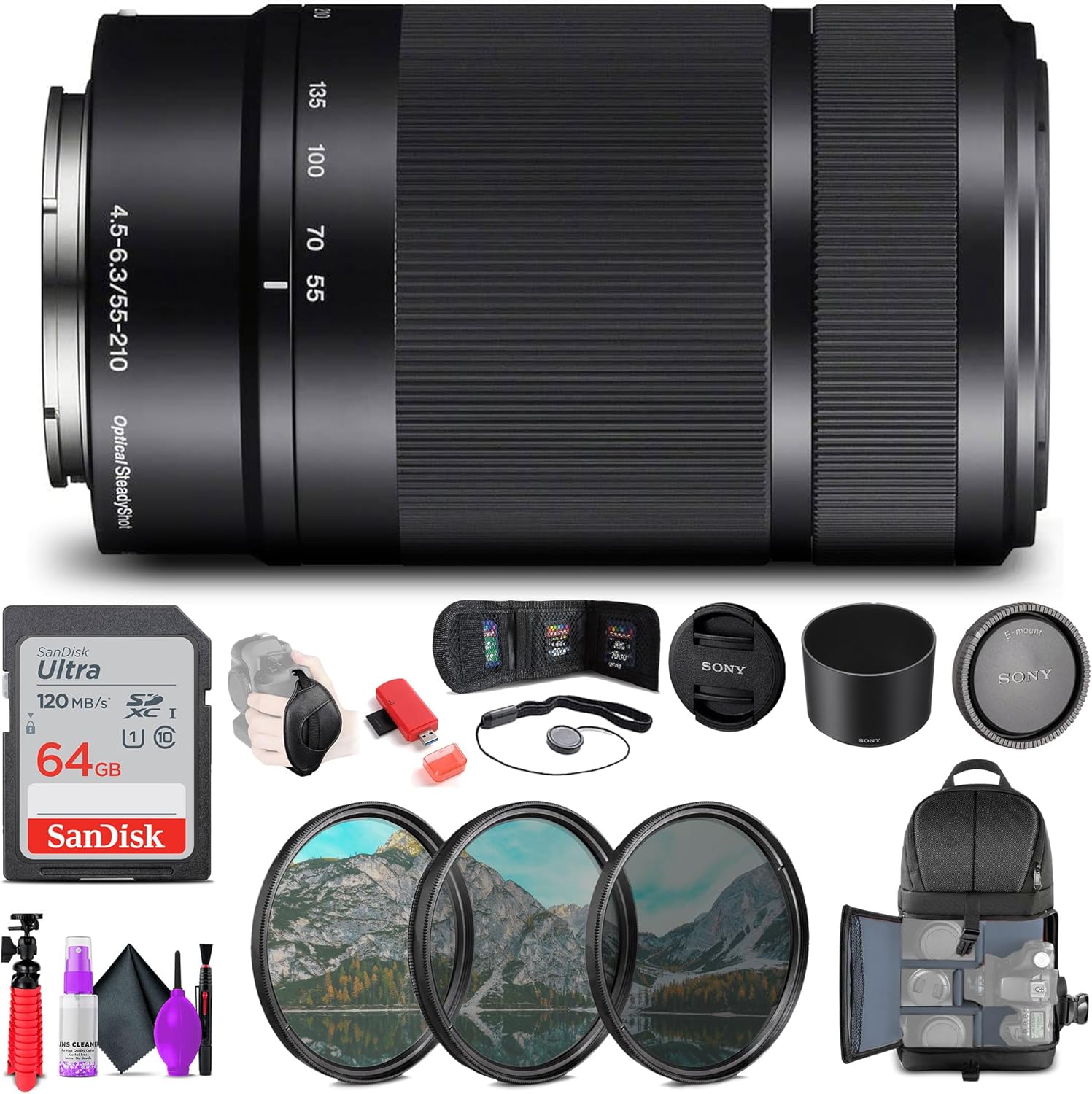 Amazon.com : Sony E 55-210mm f/4.5-6.3 OSS Lens (Black) + 3 Piece ...