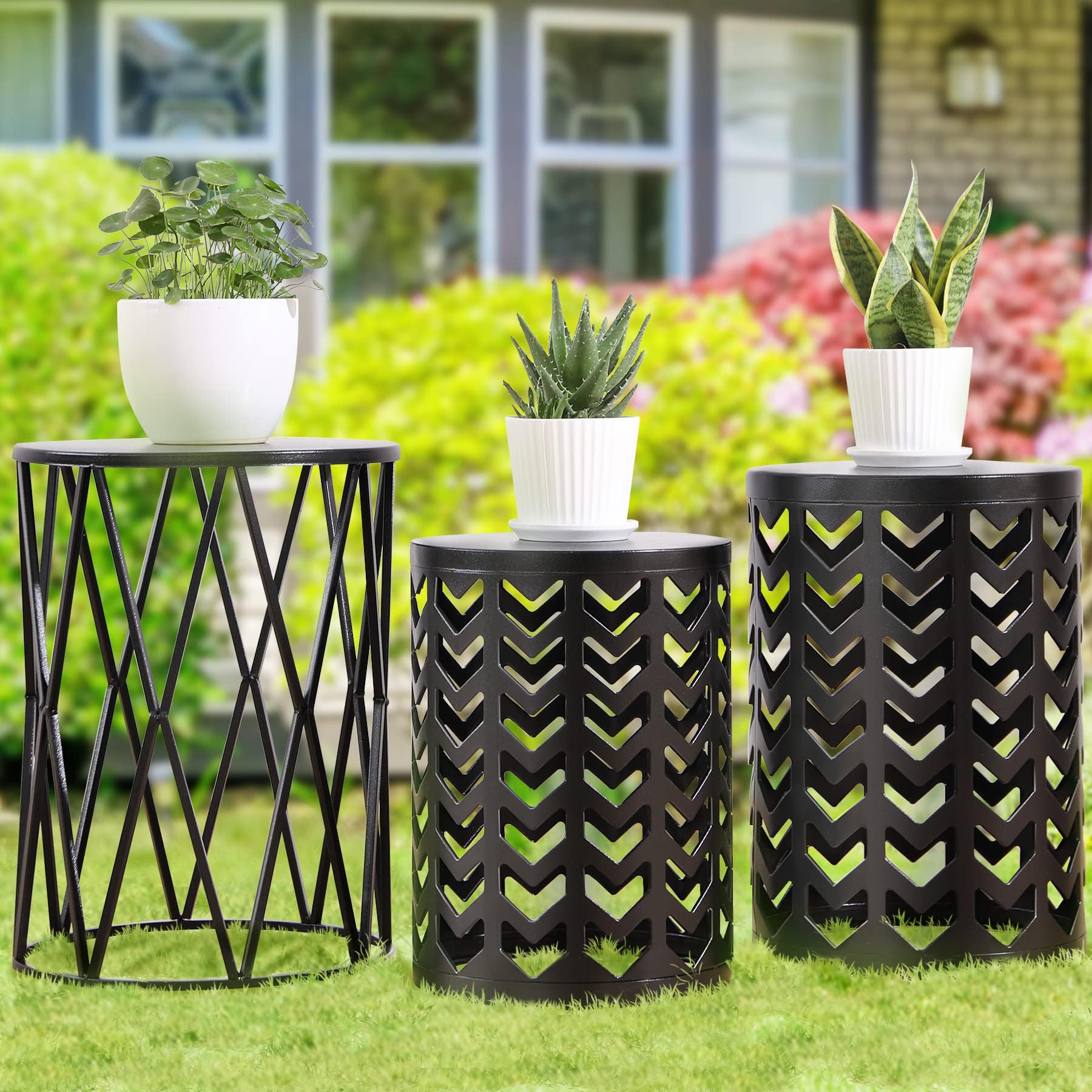 Amazon.com: MyGift Outdoor Side Table, 18-inch Round Black Metal Garden ...