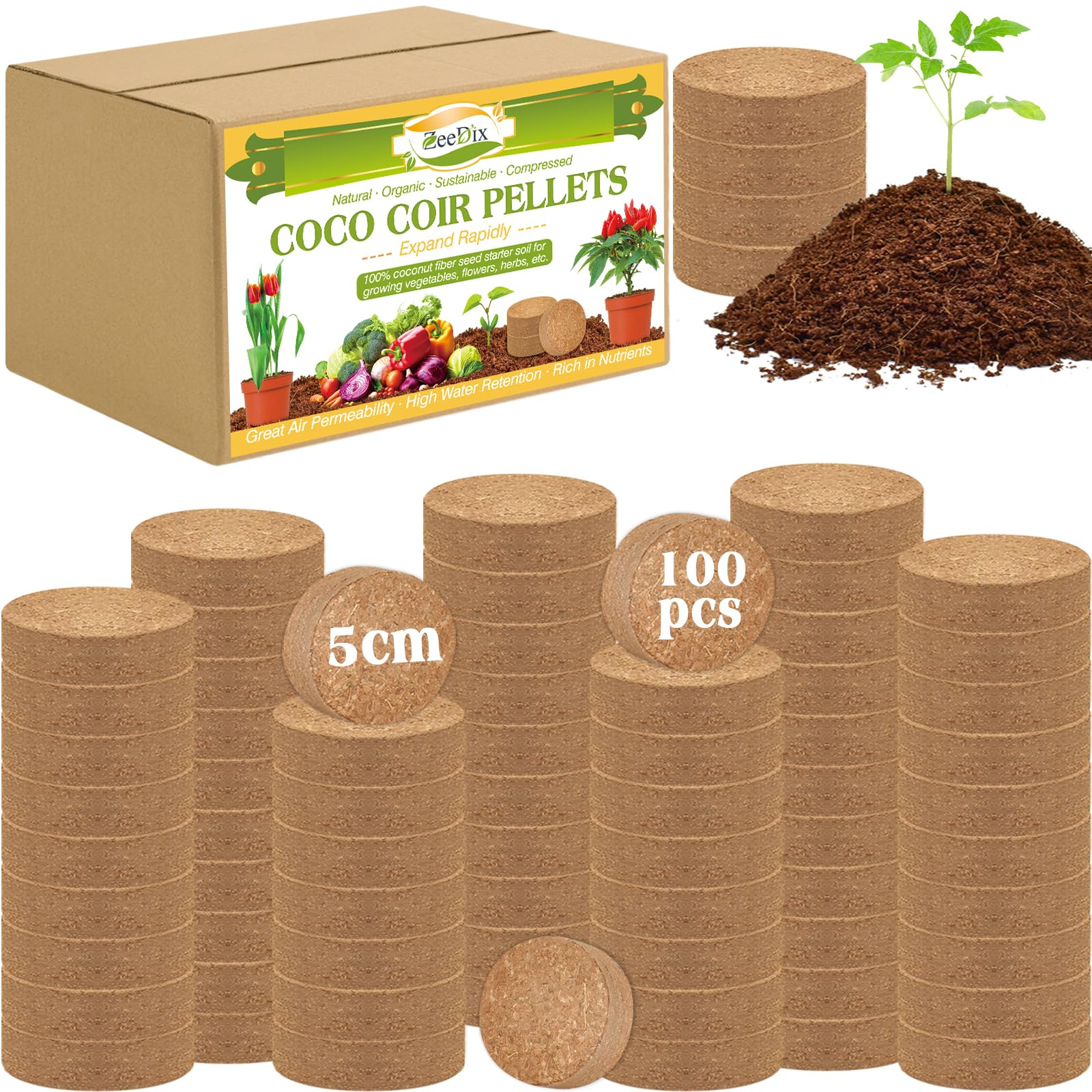 Amazon.com : ZeeDix 100pcs 50mm Coco Coir Pellets, Compressed Coconut ...