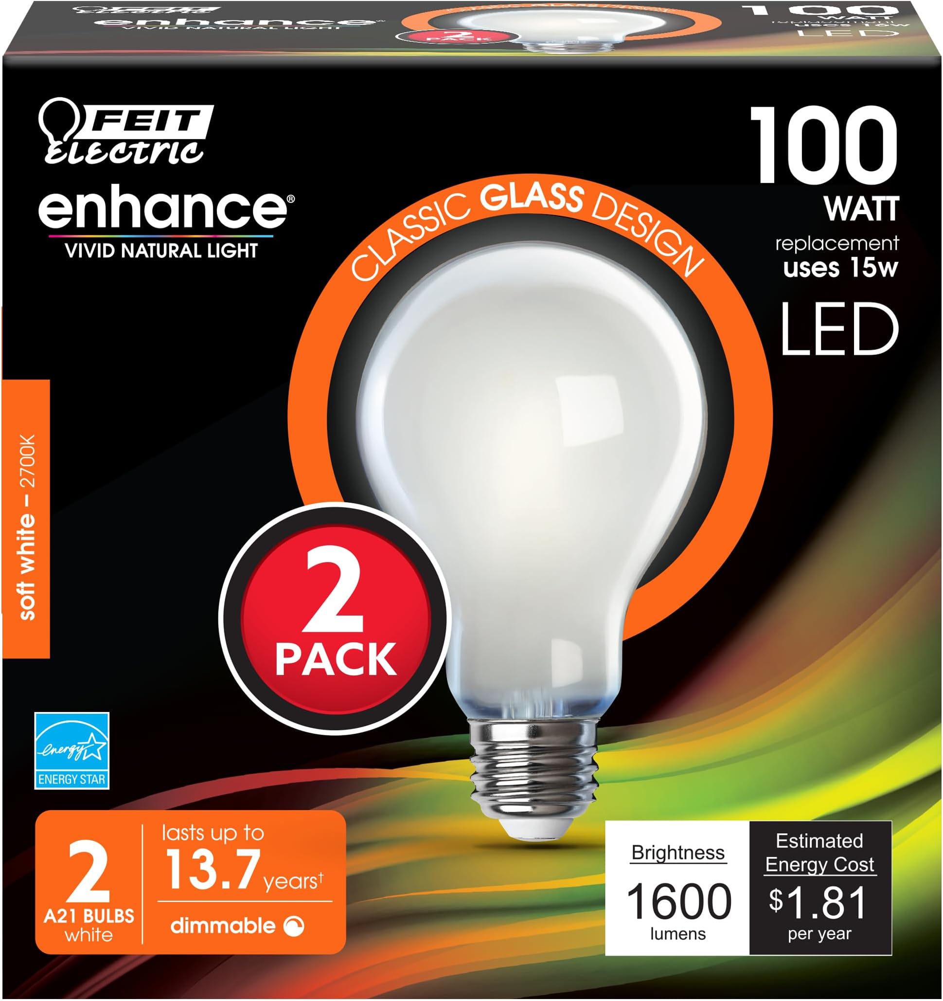 Feit Electric A21 LED Light Bulbs, 100W Equivalent, Dimmable, E26 ...