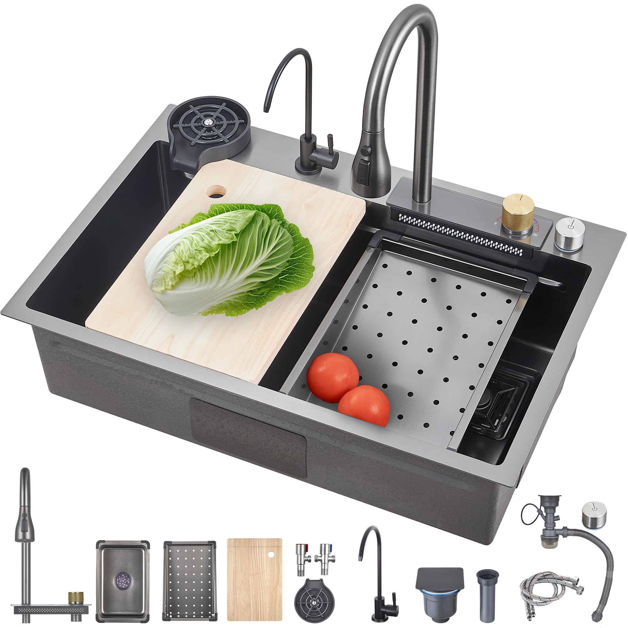 Dark Gray Nano Kitchen Sink, 304 Stainless Steel Single Bowl Waterfall ...
