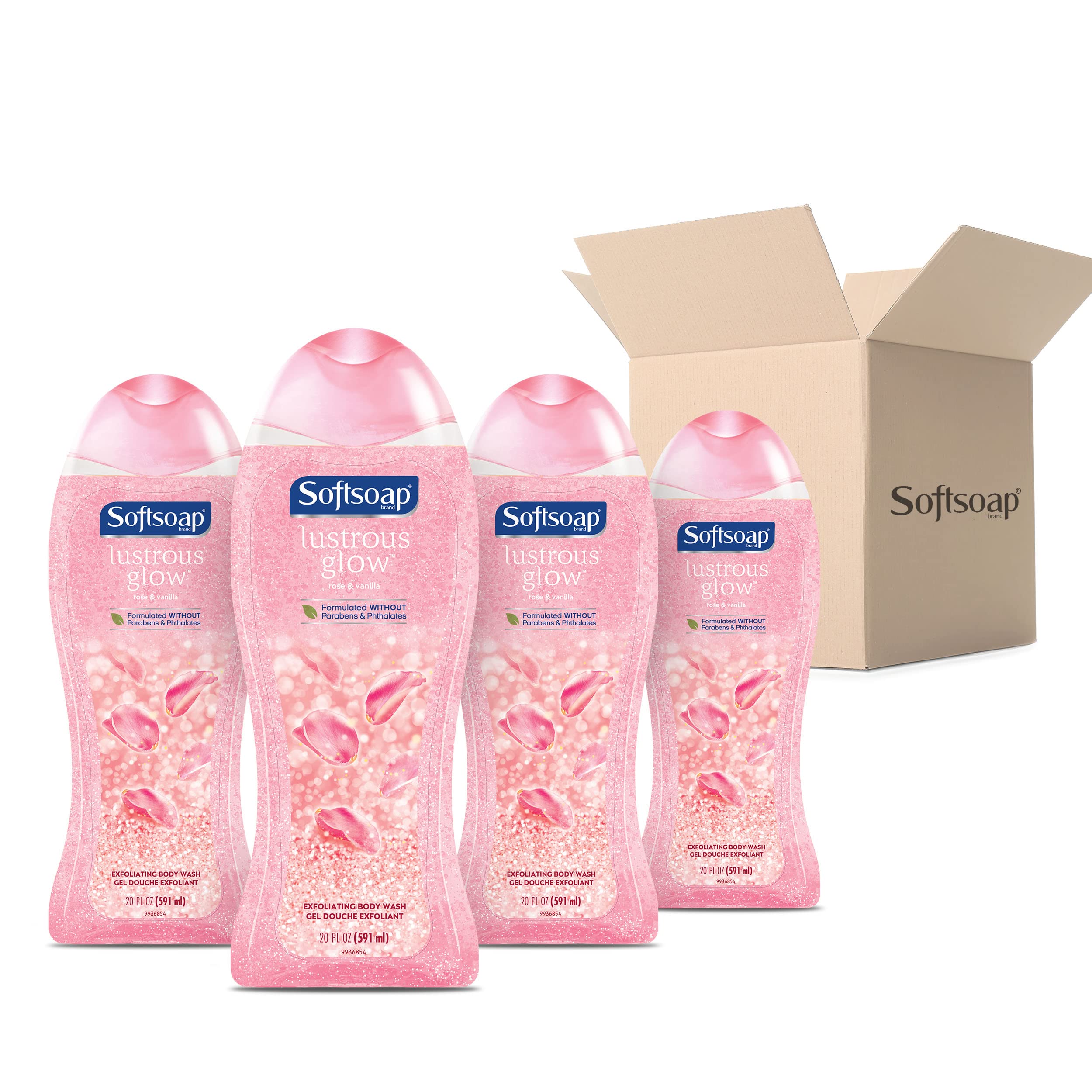 Softsoap Lot de 4 gels douche exfoliants, rose brillant rose et vanille ...