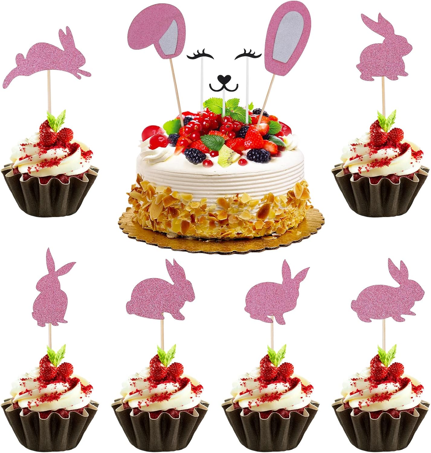 Amazon.com: Bunny Cake Topper Pink Rabbit Cake Topper Glitter Cupcake ...