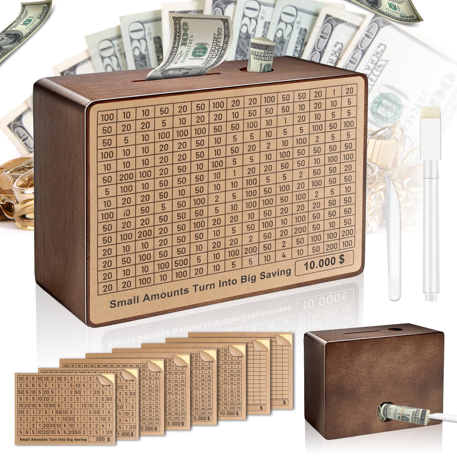 Amazon.com: Wooden Money Box with 10 Saving Targets, One Piece Cash ...