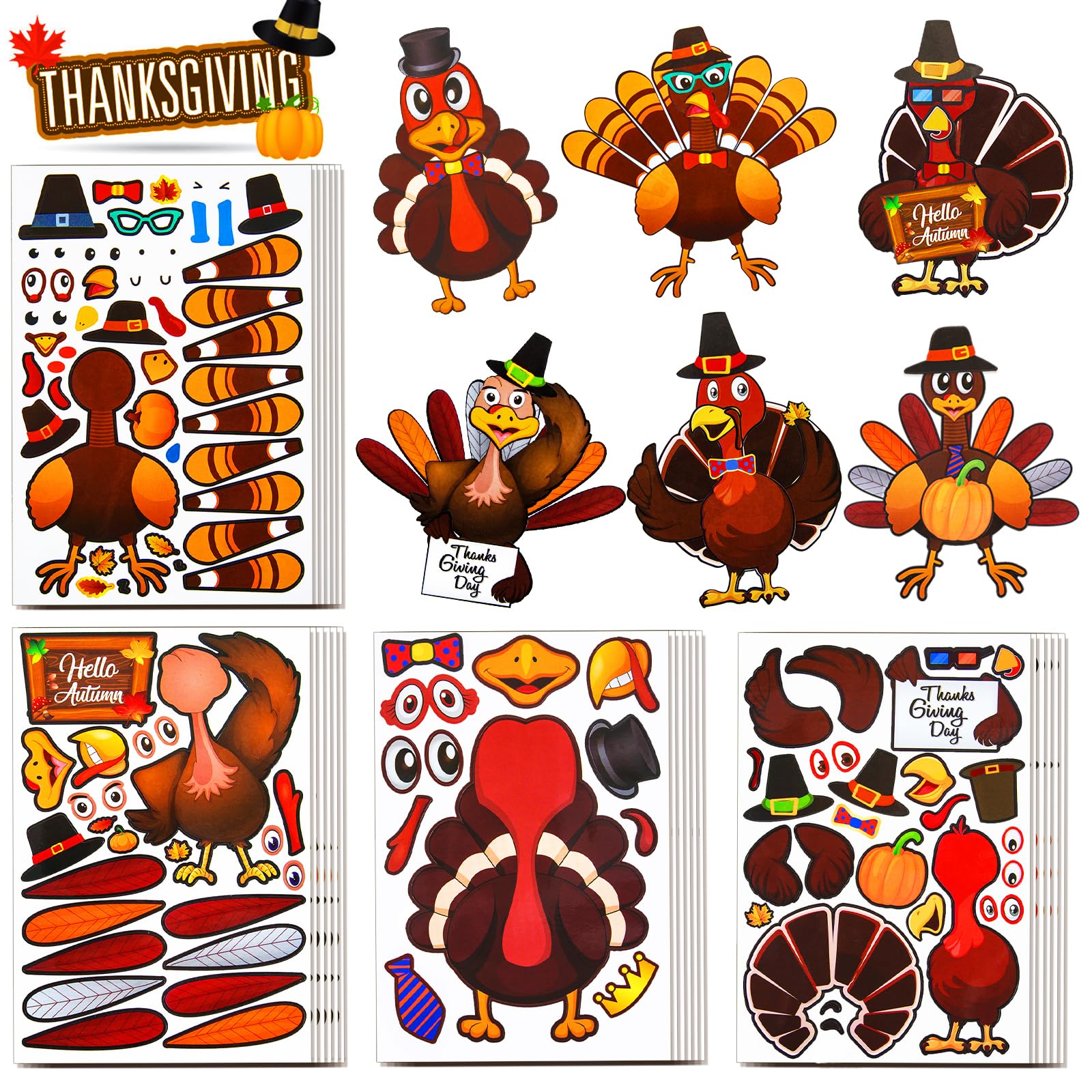 Snapklik.com : Eunvabir 24 Sheets Make-A-Turkey Stickers Thanksgiving ...