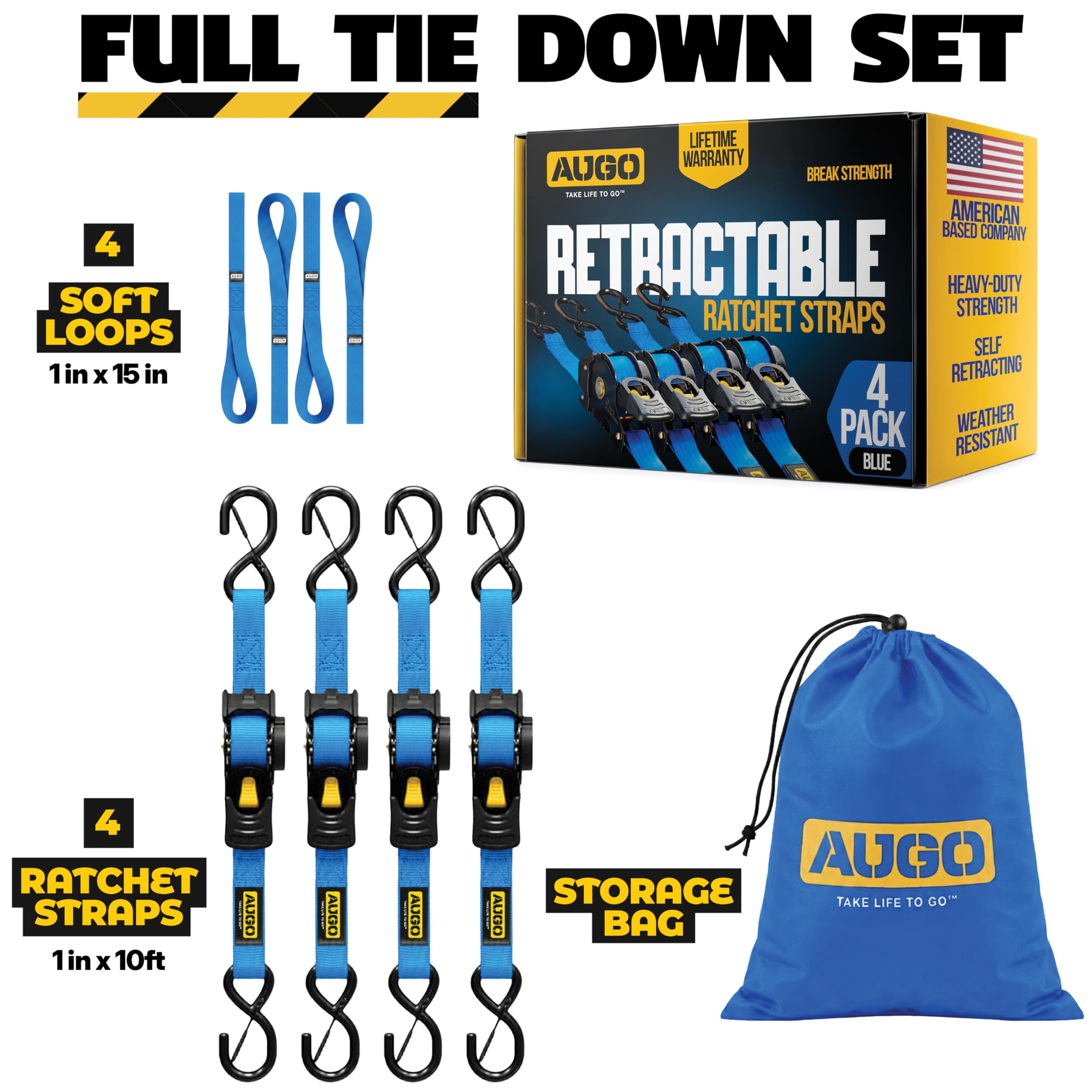 Snapklik.com : AUGO Retractable Ratchet Straps 4 Heavy Duty Ratchet ...