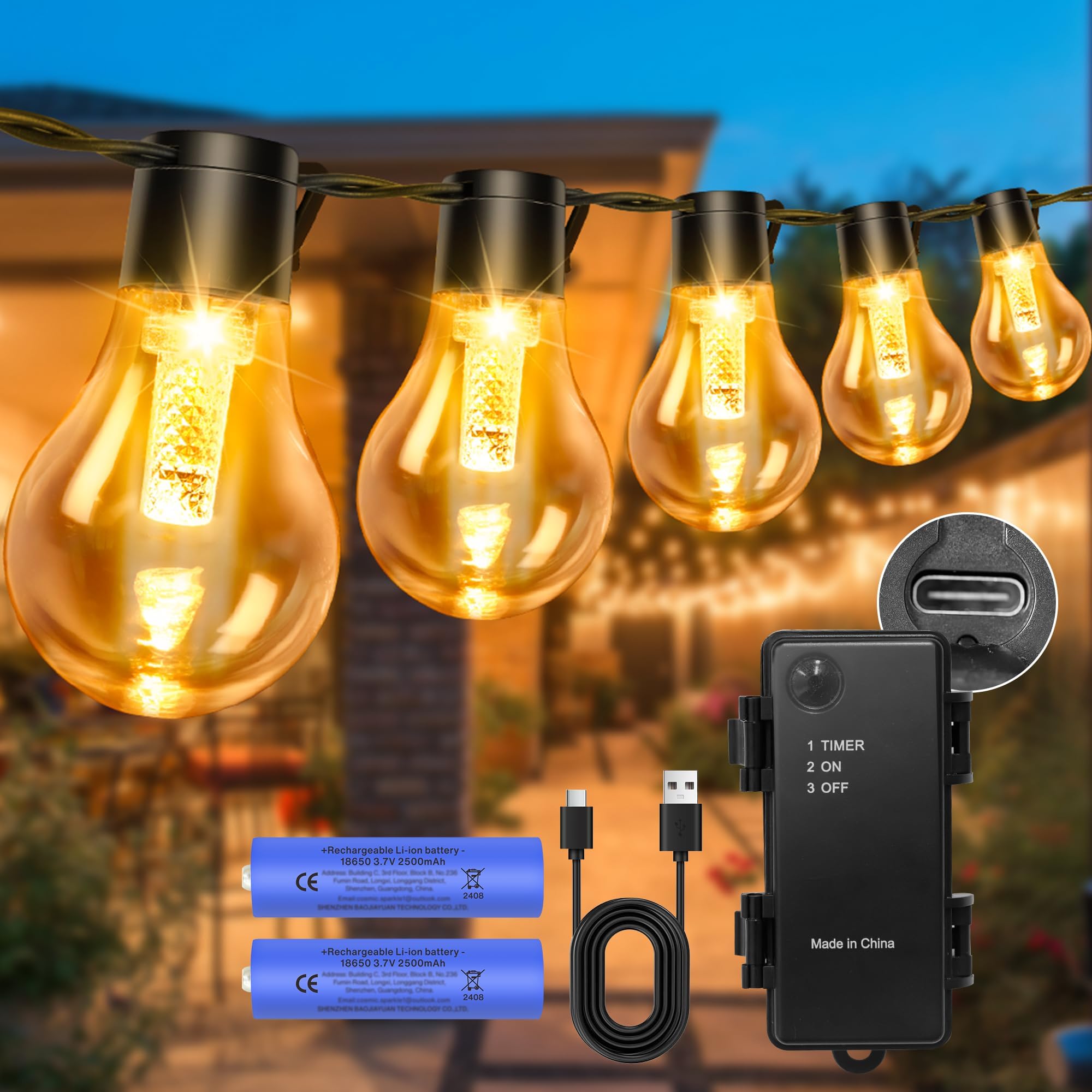 aurogeek Outdoor String Lights Battery Operated Rechargeable 5000mAh ...