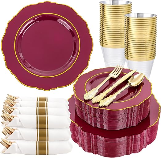 Amazon.com: Liacere 350PCS Red Plastic Plates-Disposable Burgundy Red ...